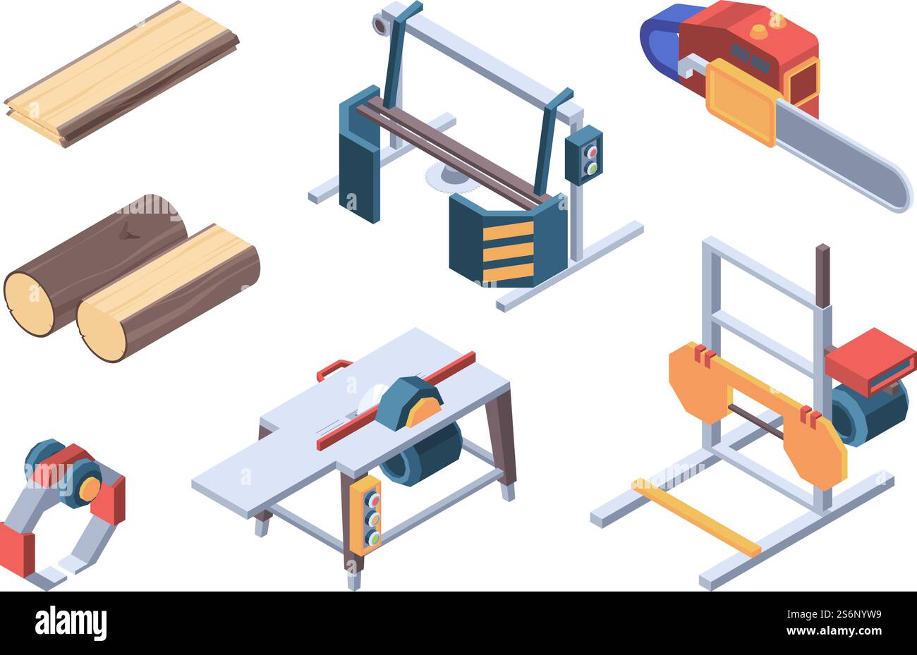 Lumber isometric. Sawmill items and workers wood workman vector ...