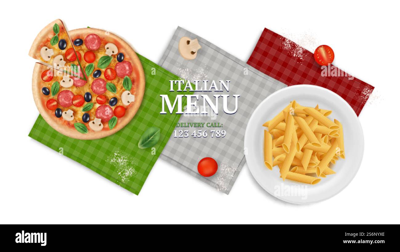 Italian menu banner. Pizza pasta on plate, napkins and tomato ...