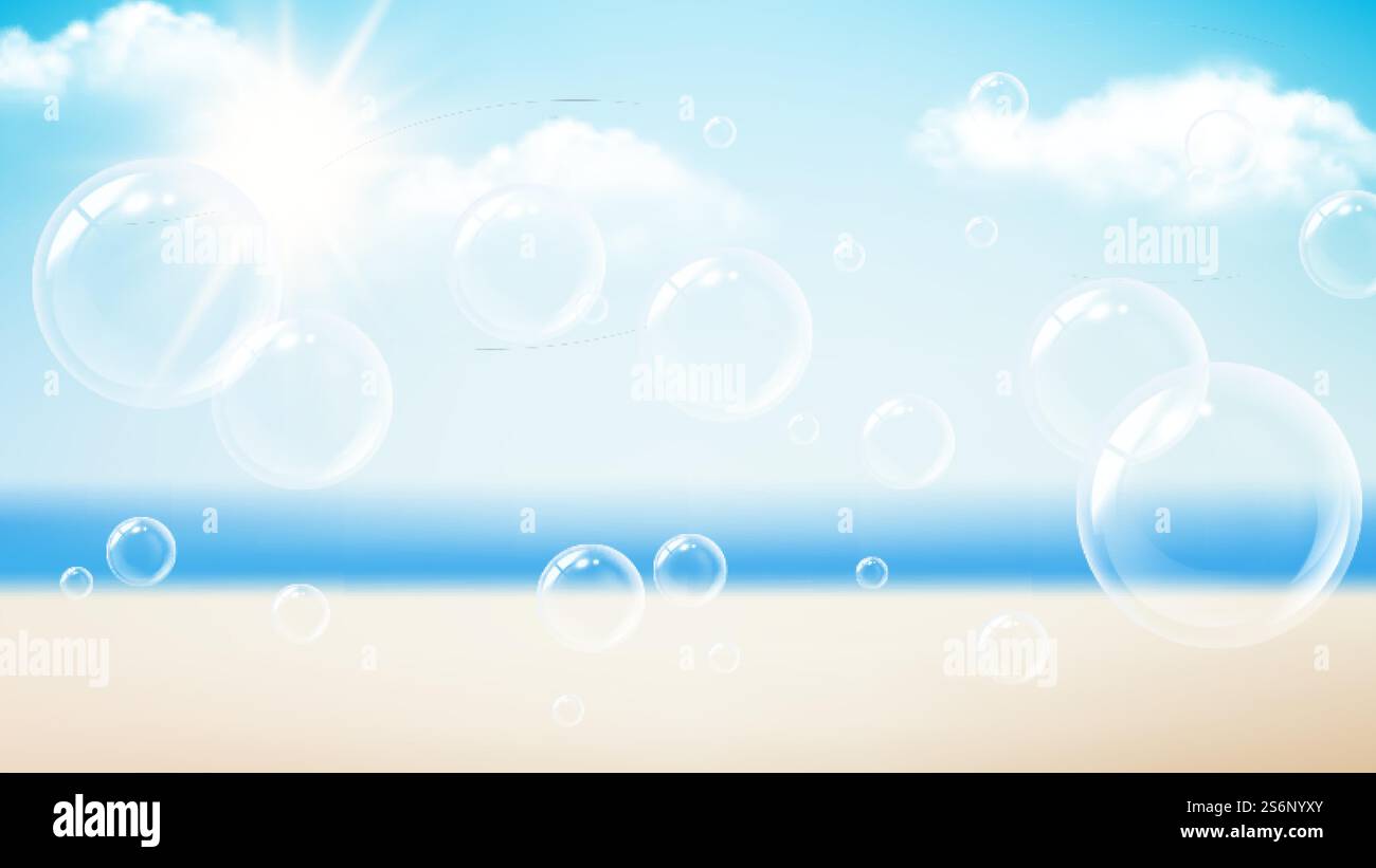 Transparent bubbles. Summer vacation background, beach ocean sun day ...