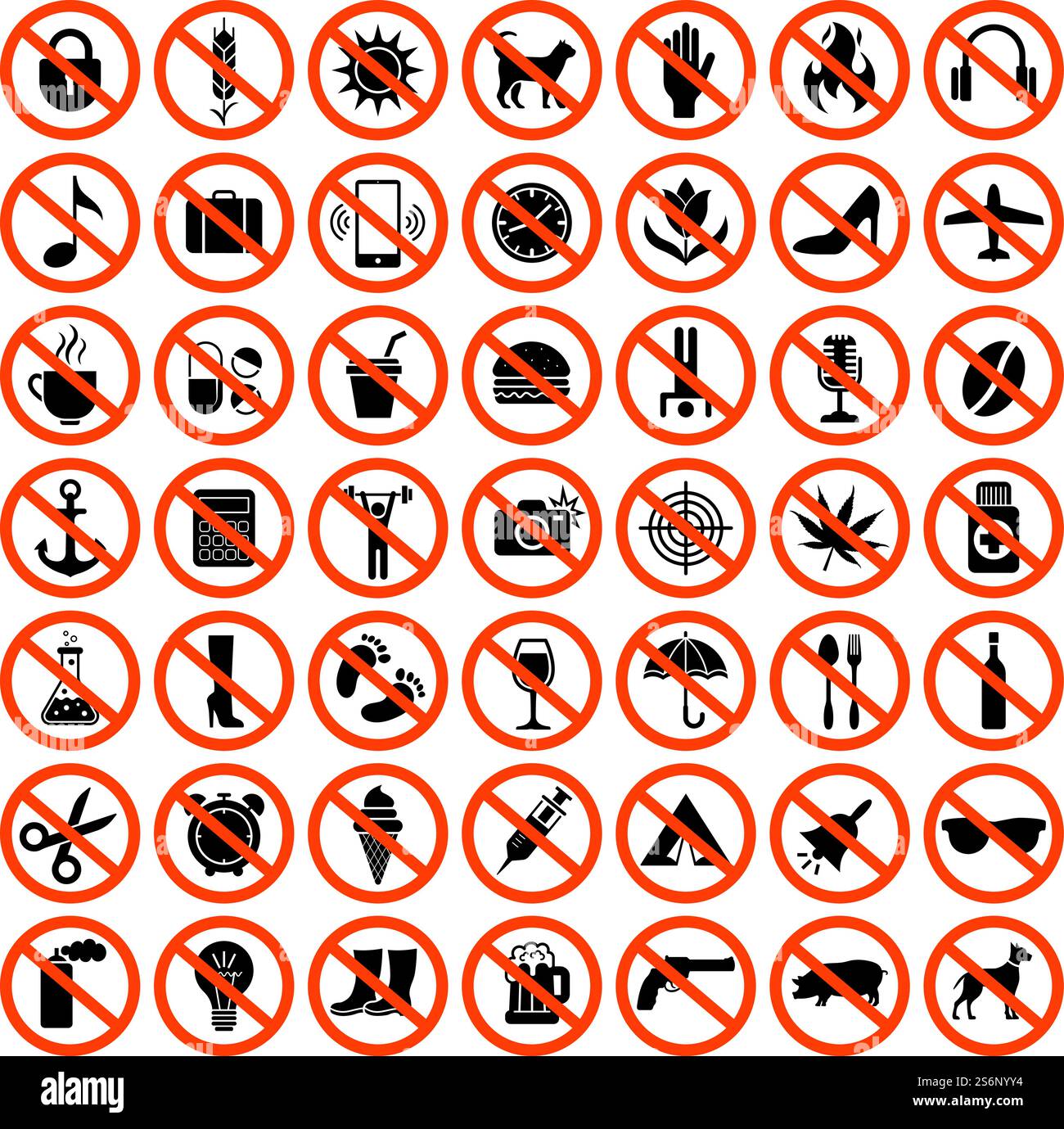 Forbidden icons. Prohibiting red symbols no motorcycle animals guns ...