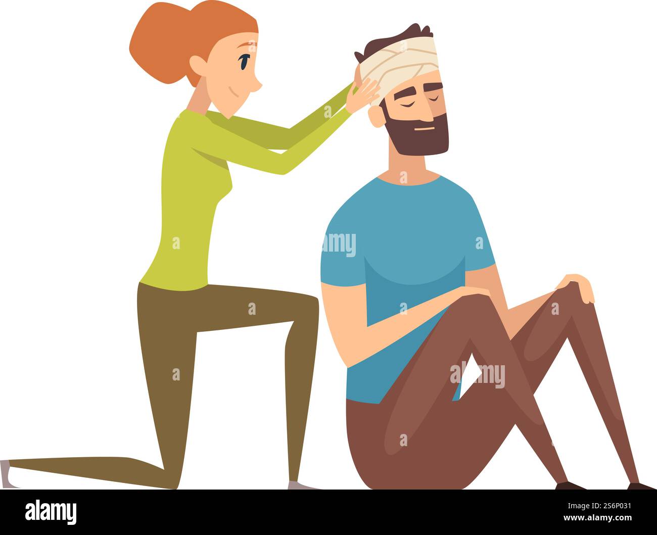 Head injury. Man with bandage needs help. Nursing or first aid, medical ...