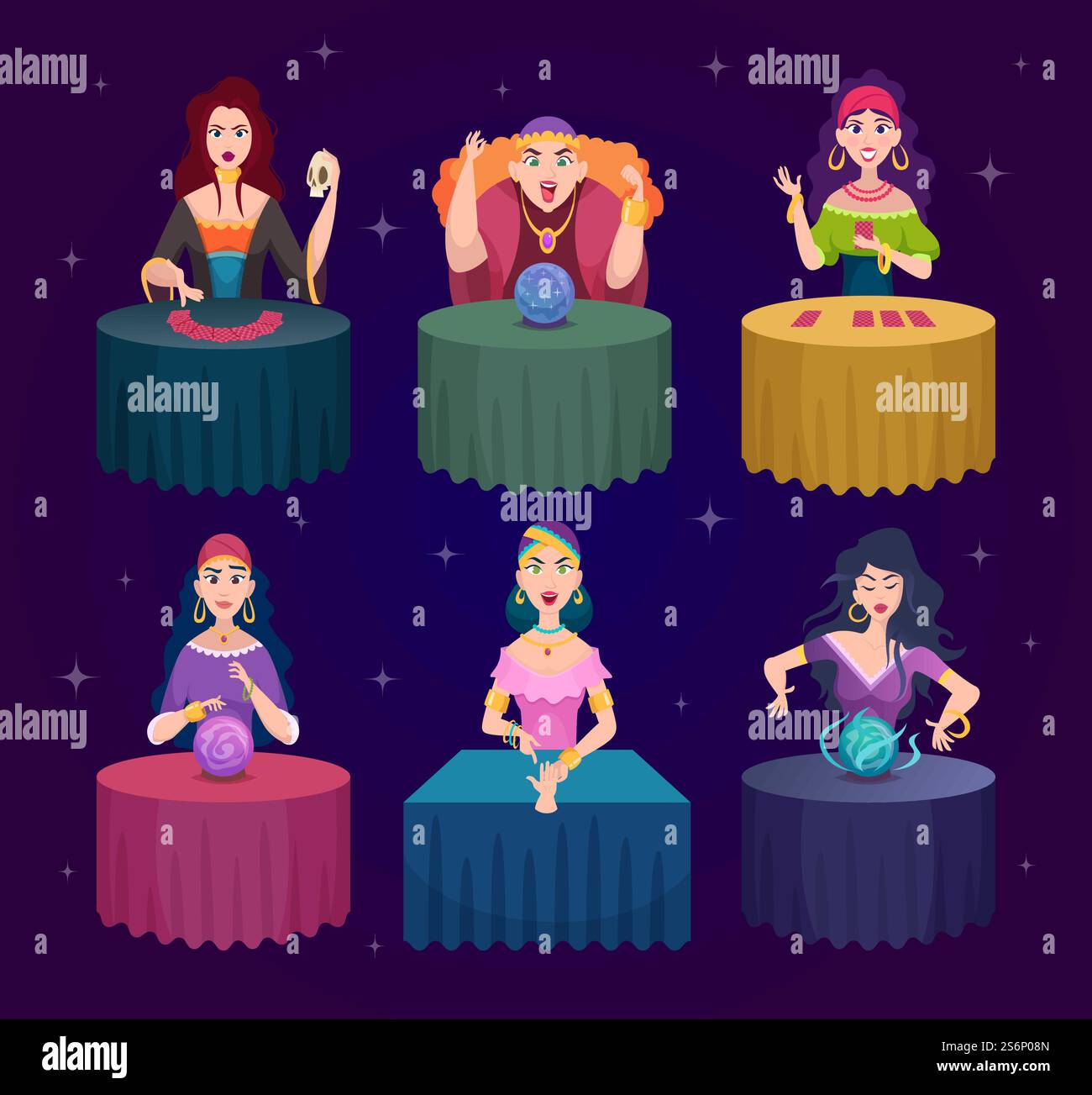 Fortune tellers. Magician witches with fairytale crystal magic balls ...