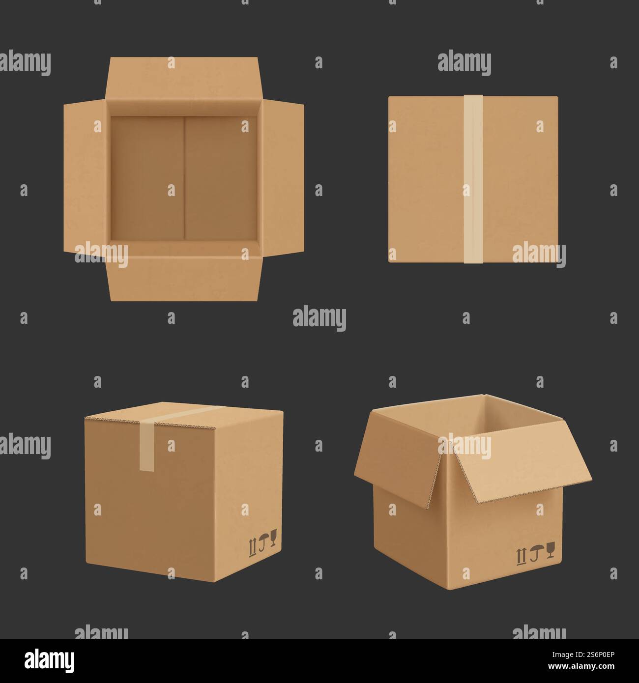 Cardboard box. Paper box different point views transporting package realistic vector mockup ...