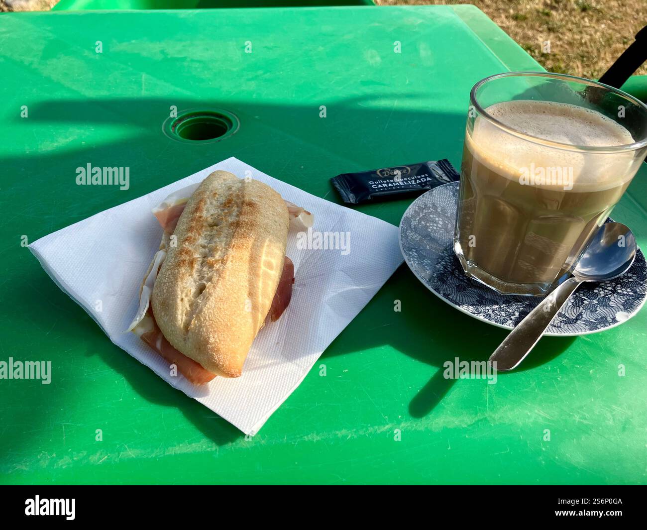 Breakfast of Coffee, Crusty Roll, Ham and Cheese Stock Photo - Alamy