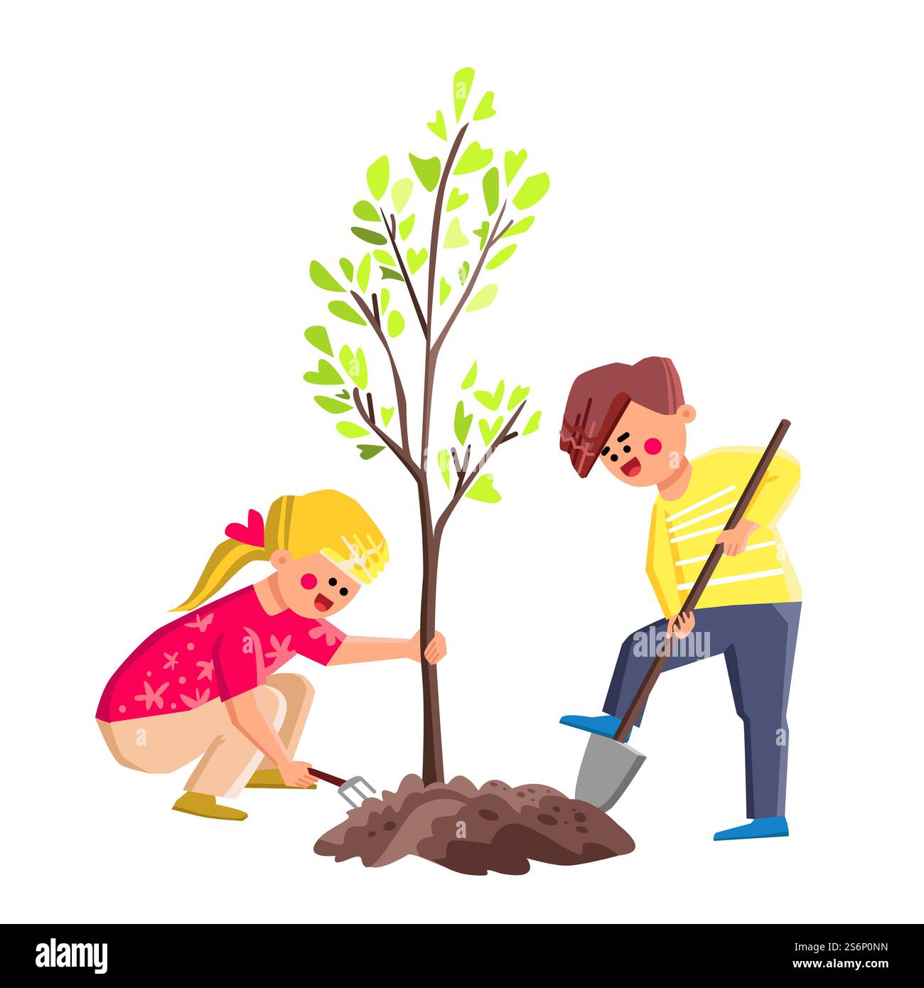 Boy And Girl Kids Planting Tree Together Vector. Schoolboy With Shovel ...