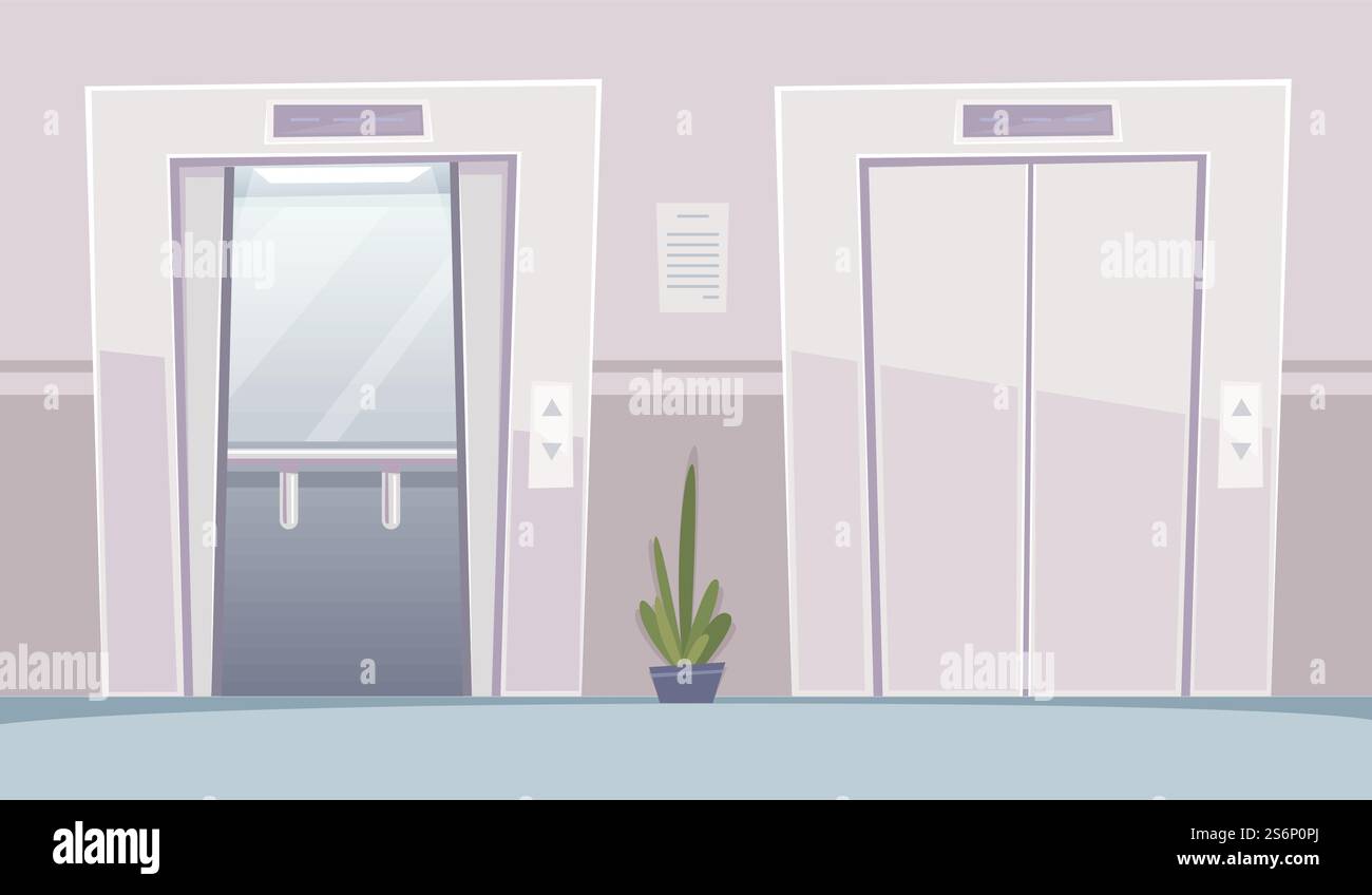 Business hall elevator. Office building with opened an closed doors ...