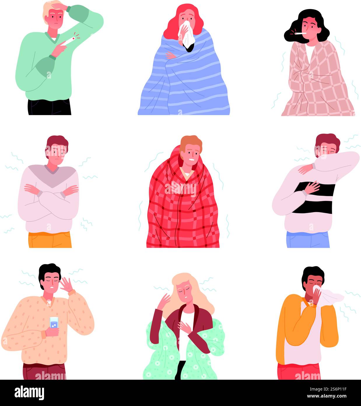 Illness people. Flu sick characters diseases patient treatment person ...