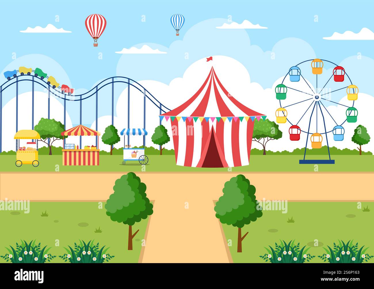 Summer Fair with Carnival, Circus, Funfair or Amusement Park. Landscape ...