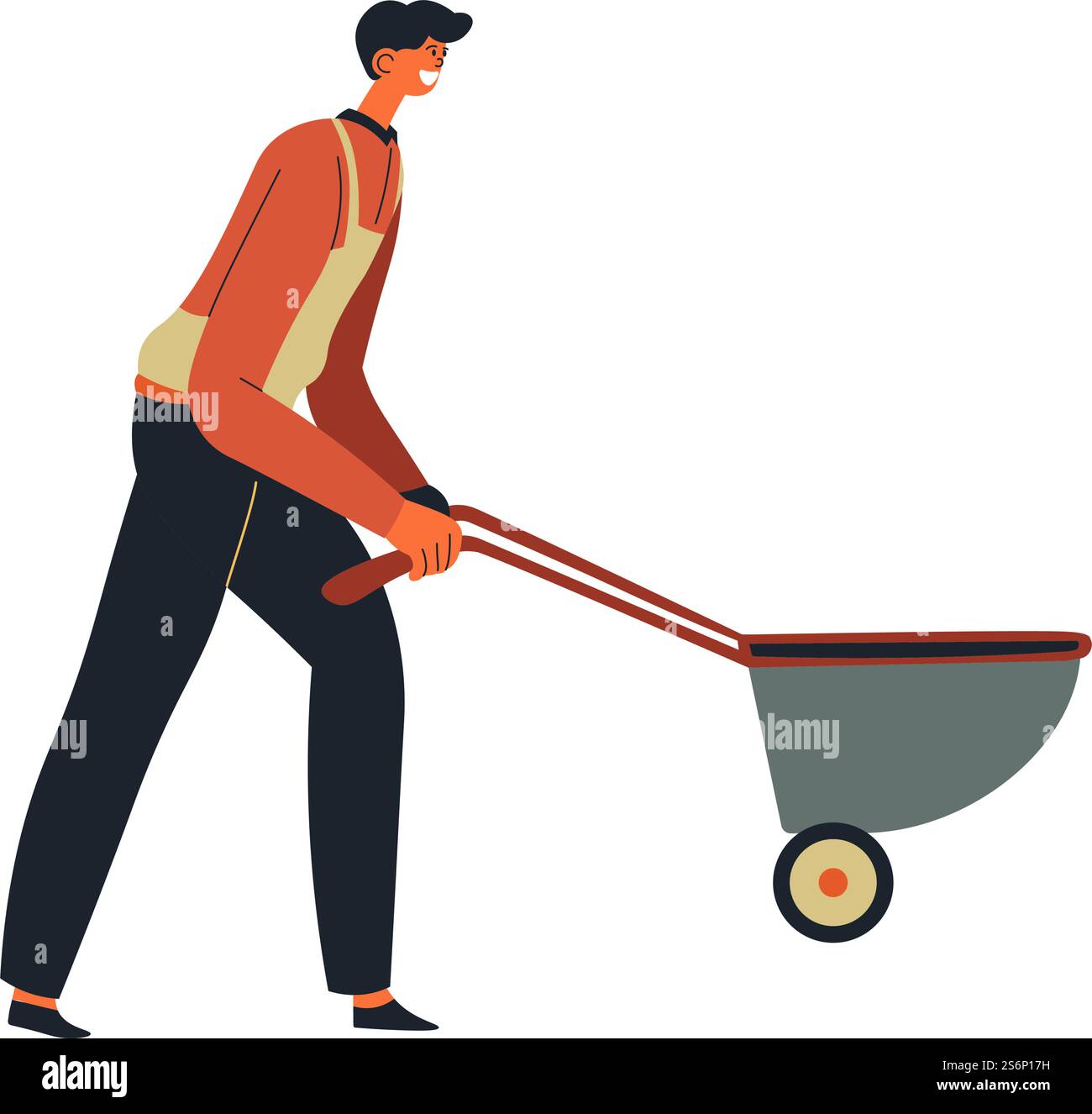 Male character working at construction site pushing old wheelbarrow ...