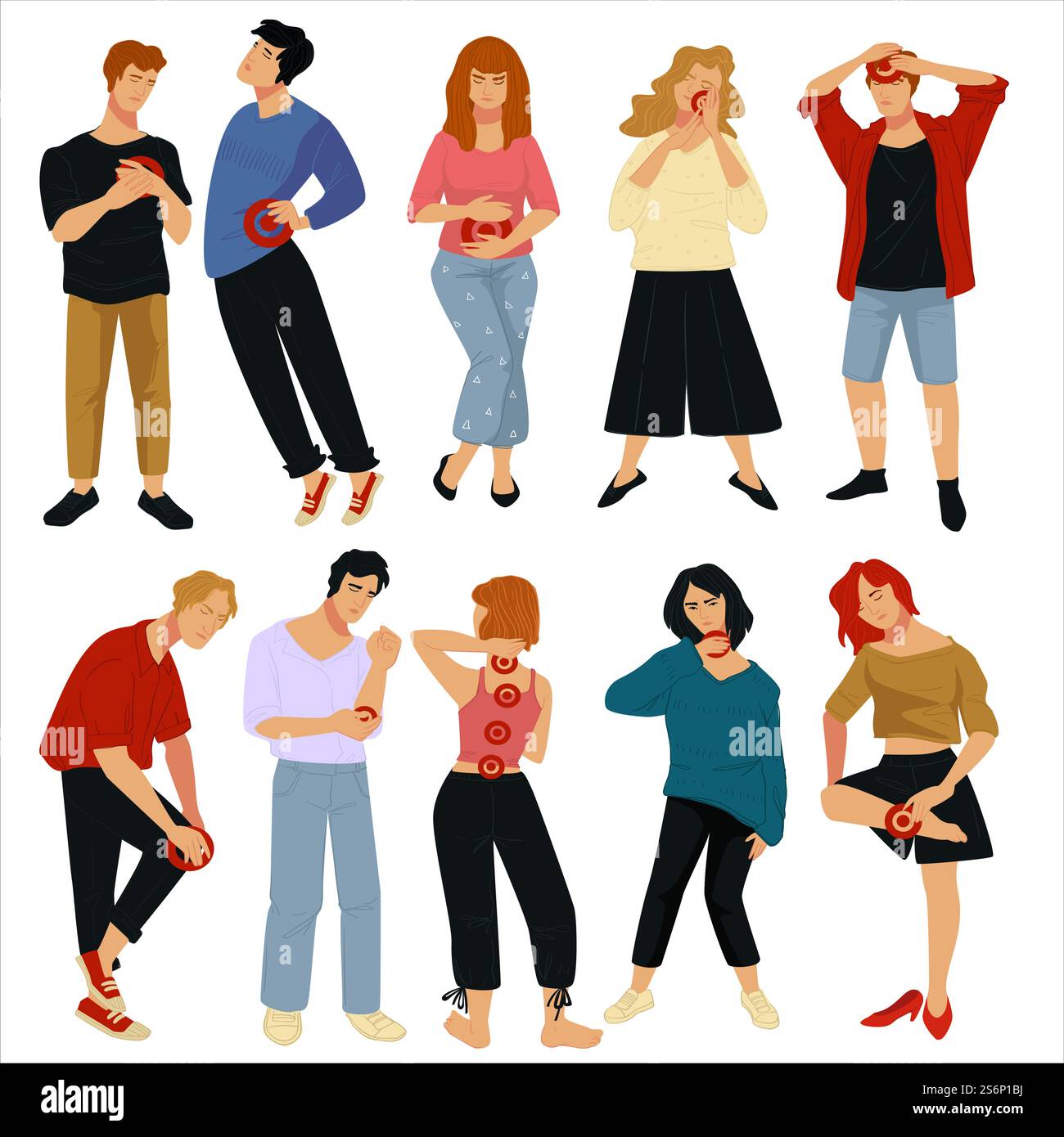 Male and female characters having chronic aches in body parts. headache ...