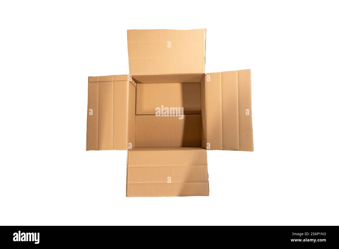 A cardboard box is open and empty. The box is brown and has a white ...
