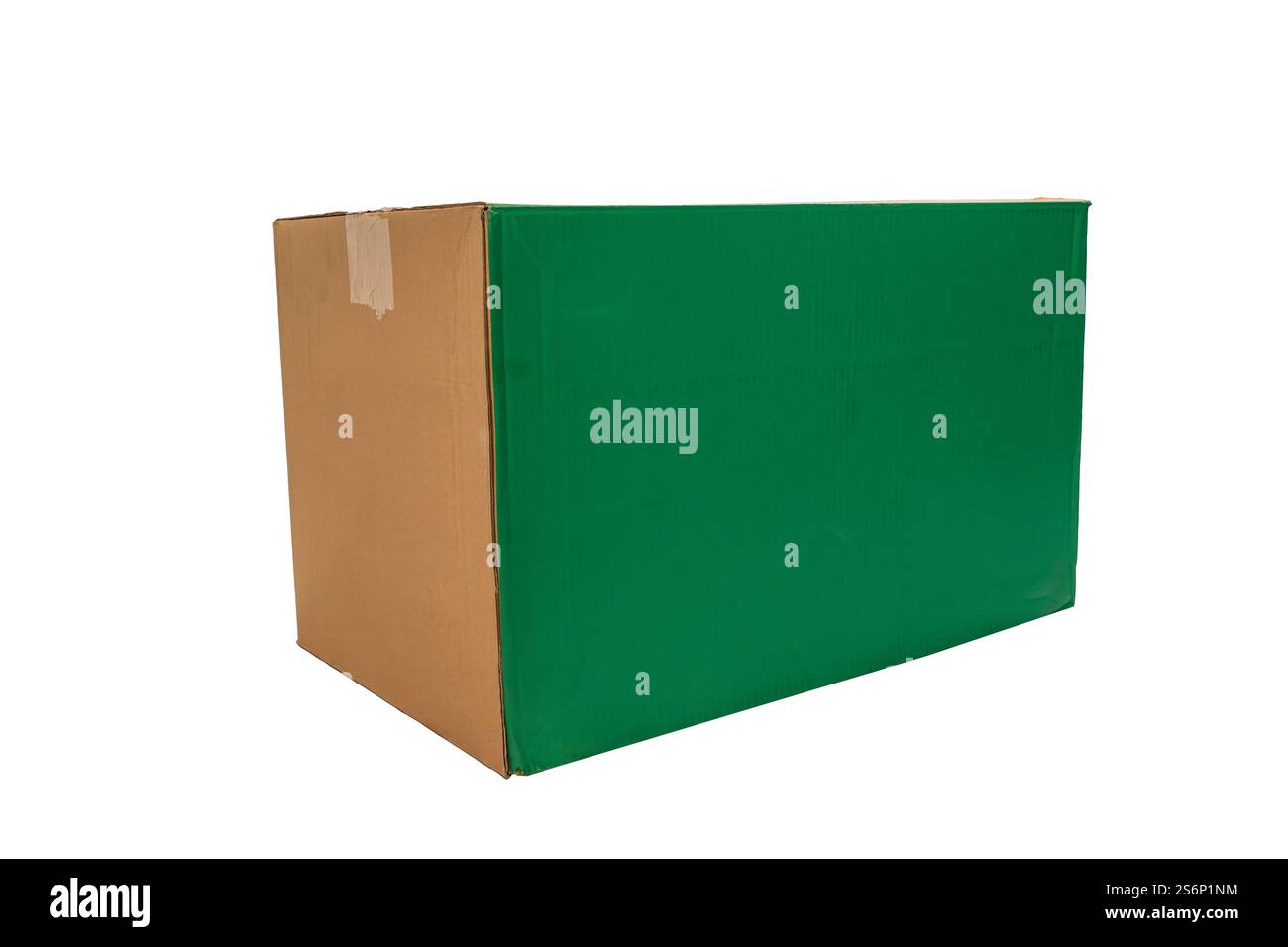 A green box with a brown side. The box is empty. The box is on a white ...