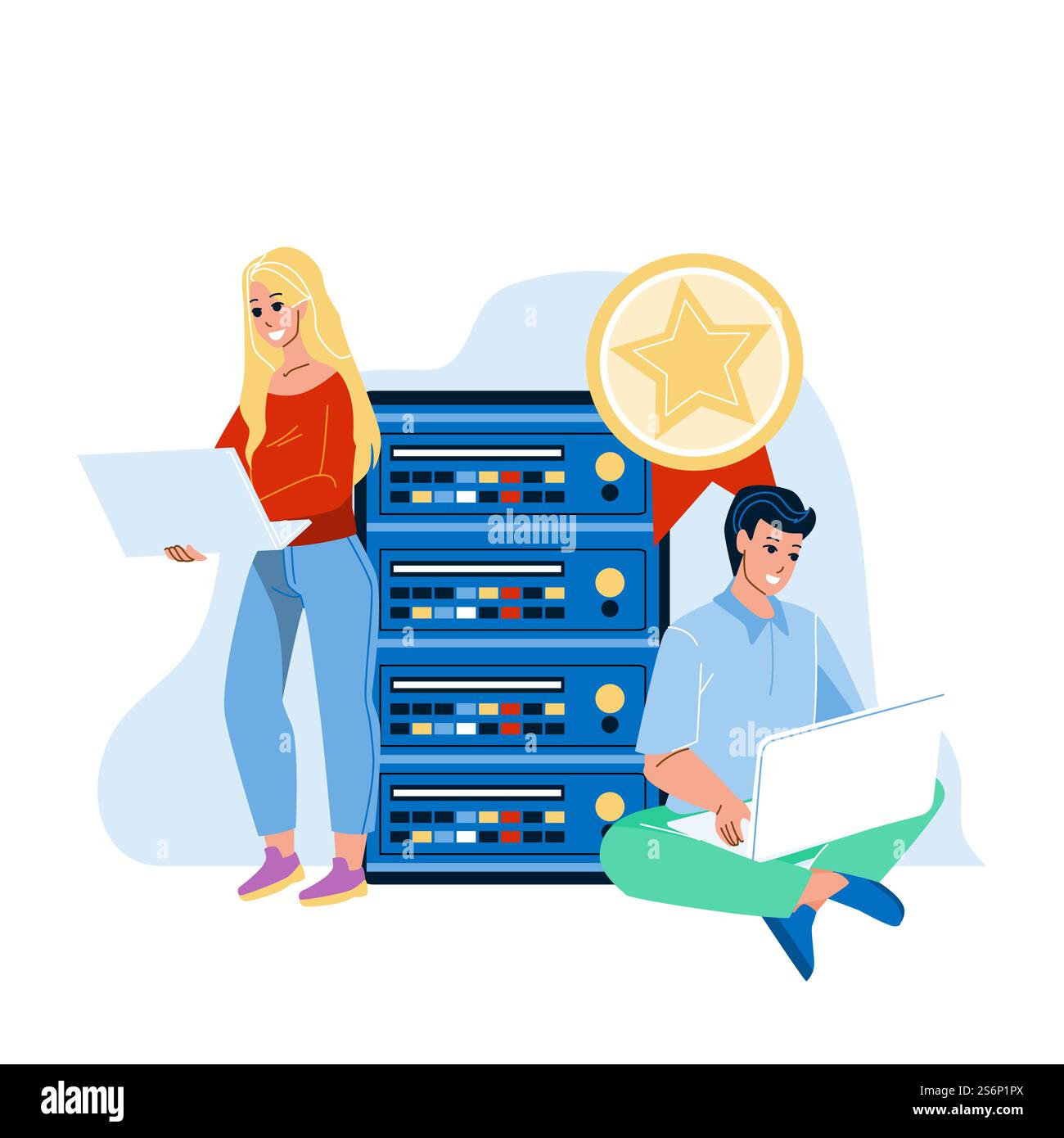 Premium Hosting Using Man And Woman Users Vector. Boy And Girl Use ...