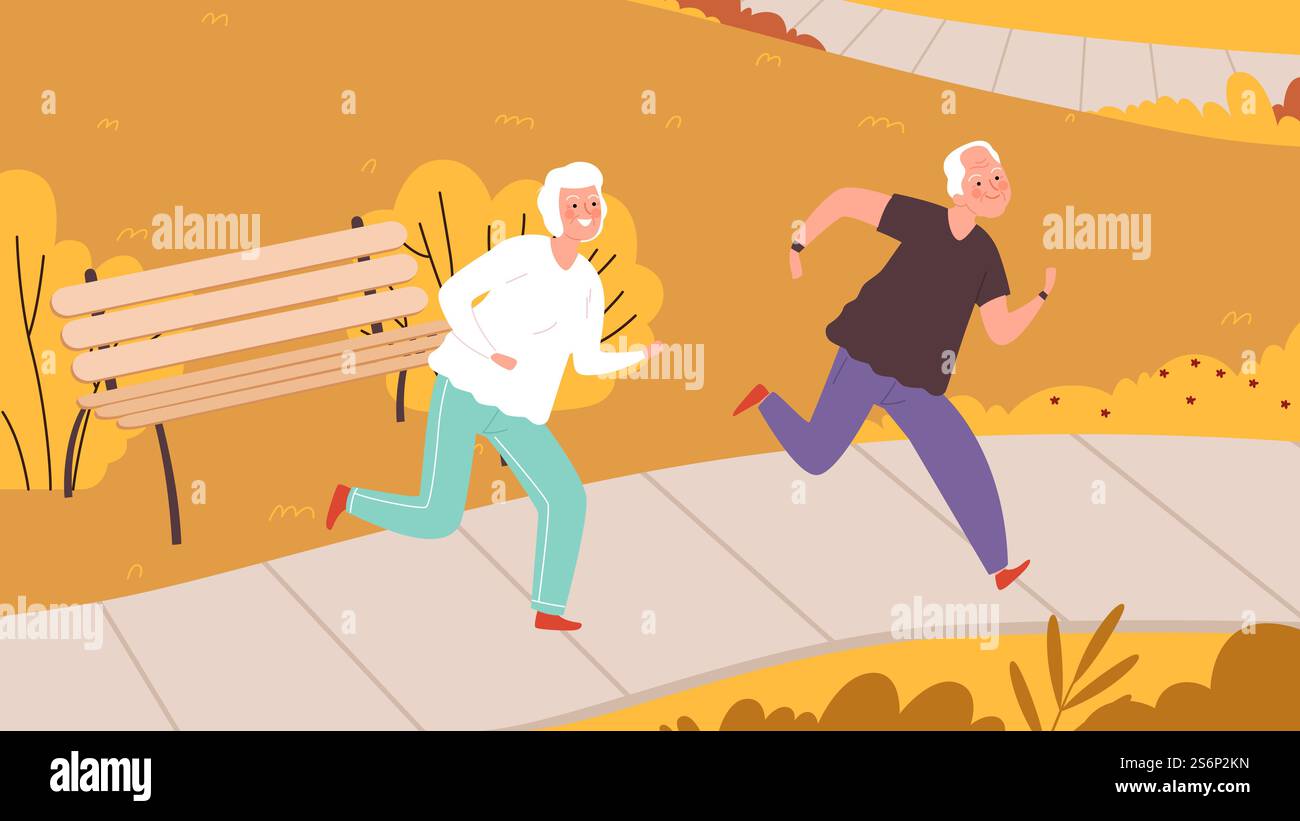 Elderly running in autumn park. Happy seniors characters, outdoor fall ...