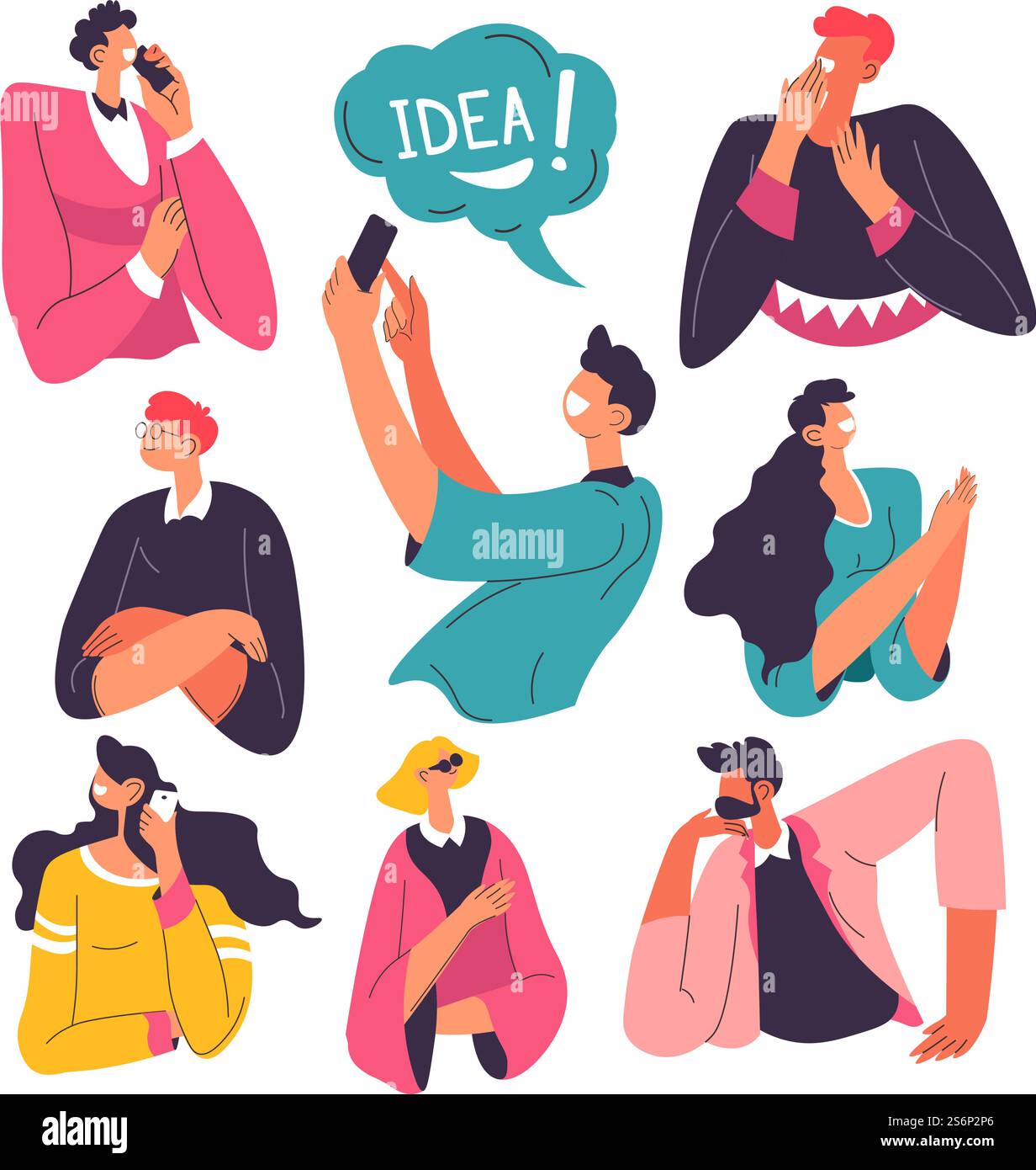 Male and female characters using phones to talk and have fun. People ...