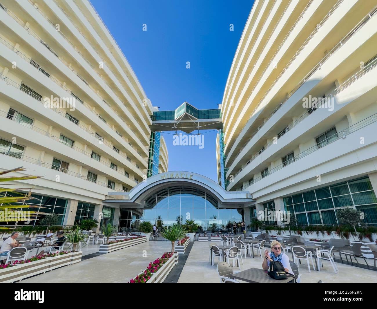 The terrace of the Miracle Resort Hotel on Lara Beach, Turkish Riviera ...