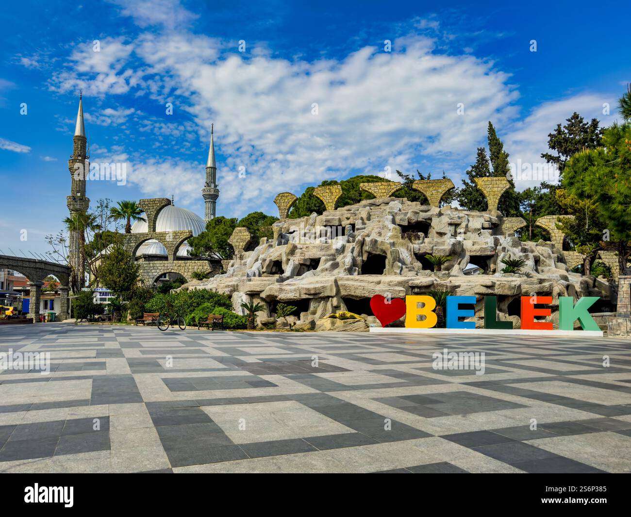 Man-made waterfall, tourist town of Belek City in the province of ...