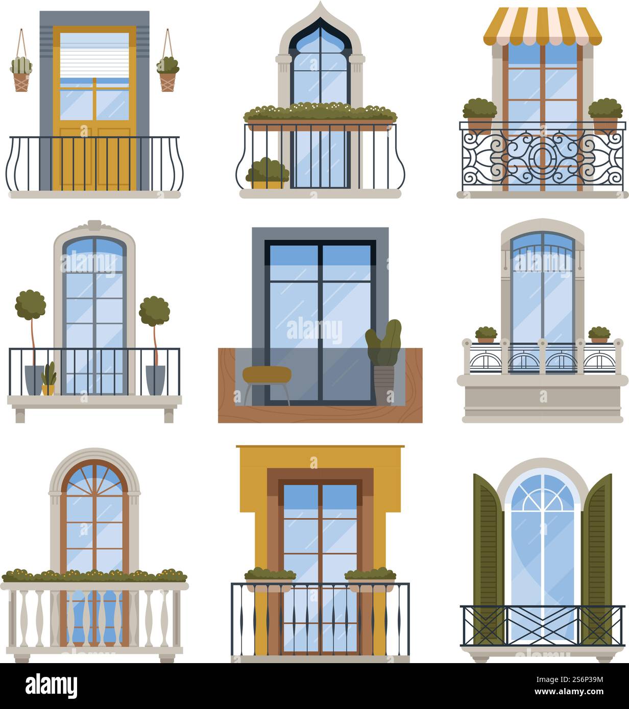 Balcony decor. Building wall front view facade with modern balcony ...
