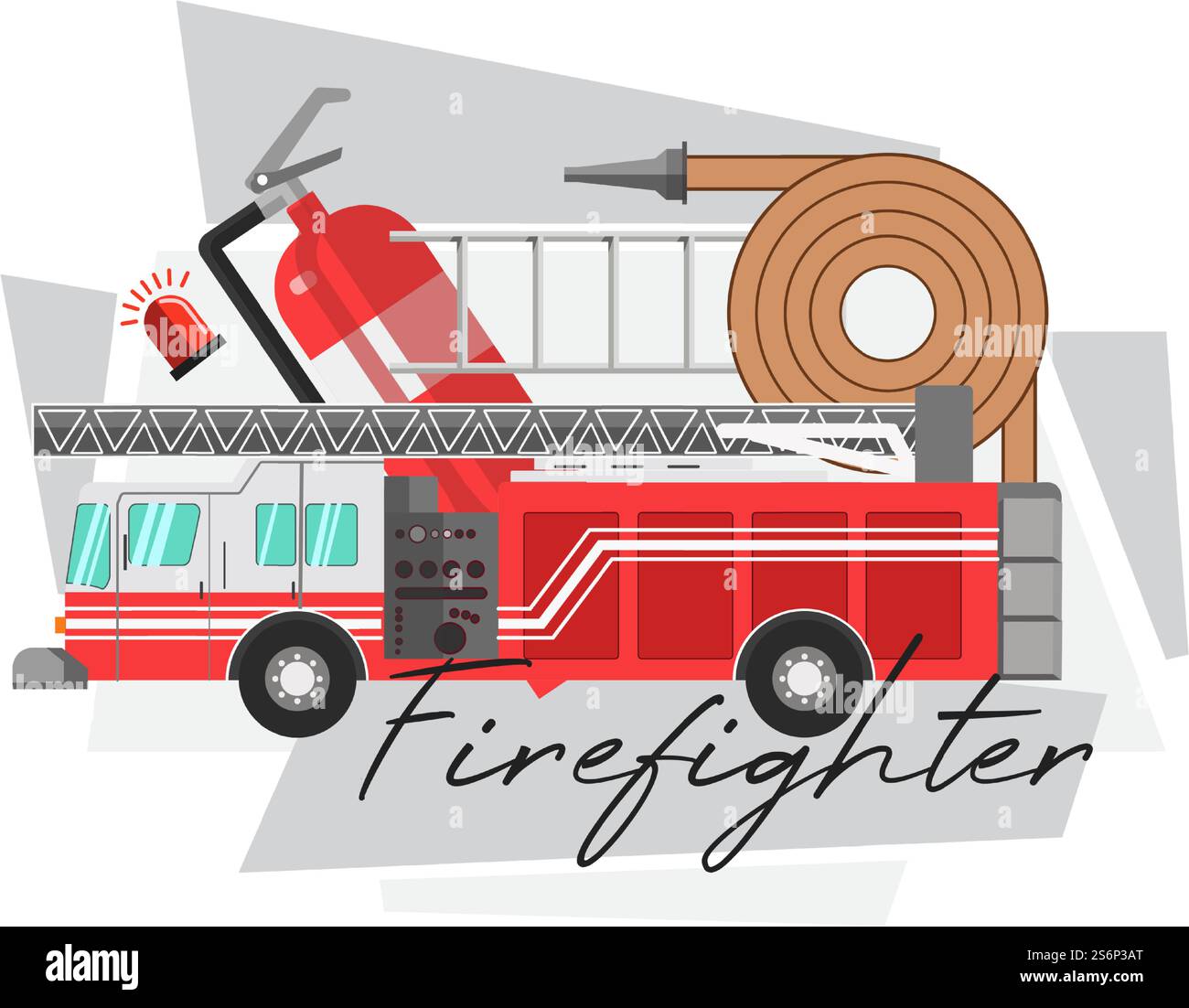 Firefighter transportation and equipment helping fire brigade. Machine ...