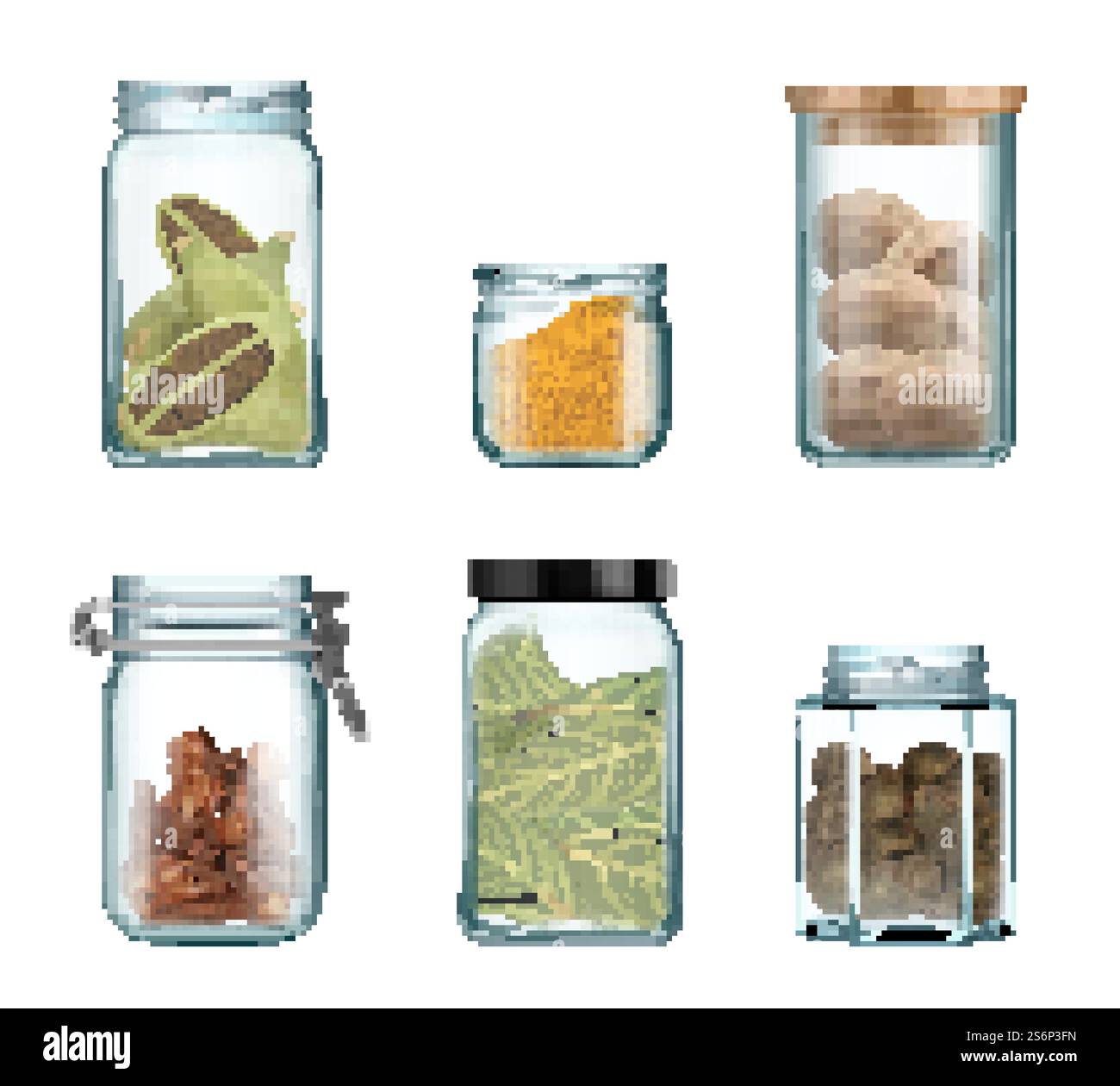 Kitchen seasoning. Spices in glass bottles and jar gourmet herbs for ...