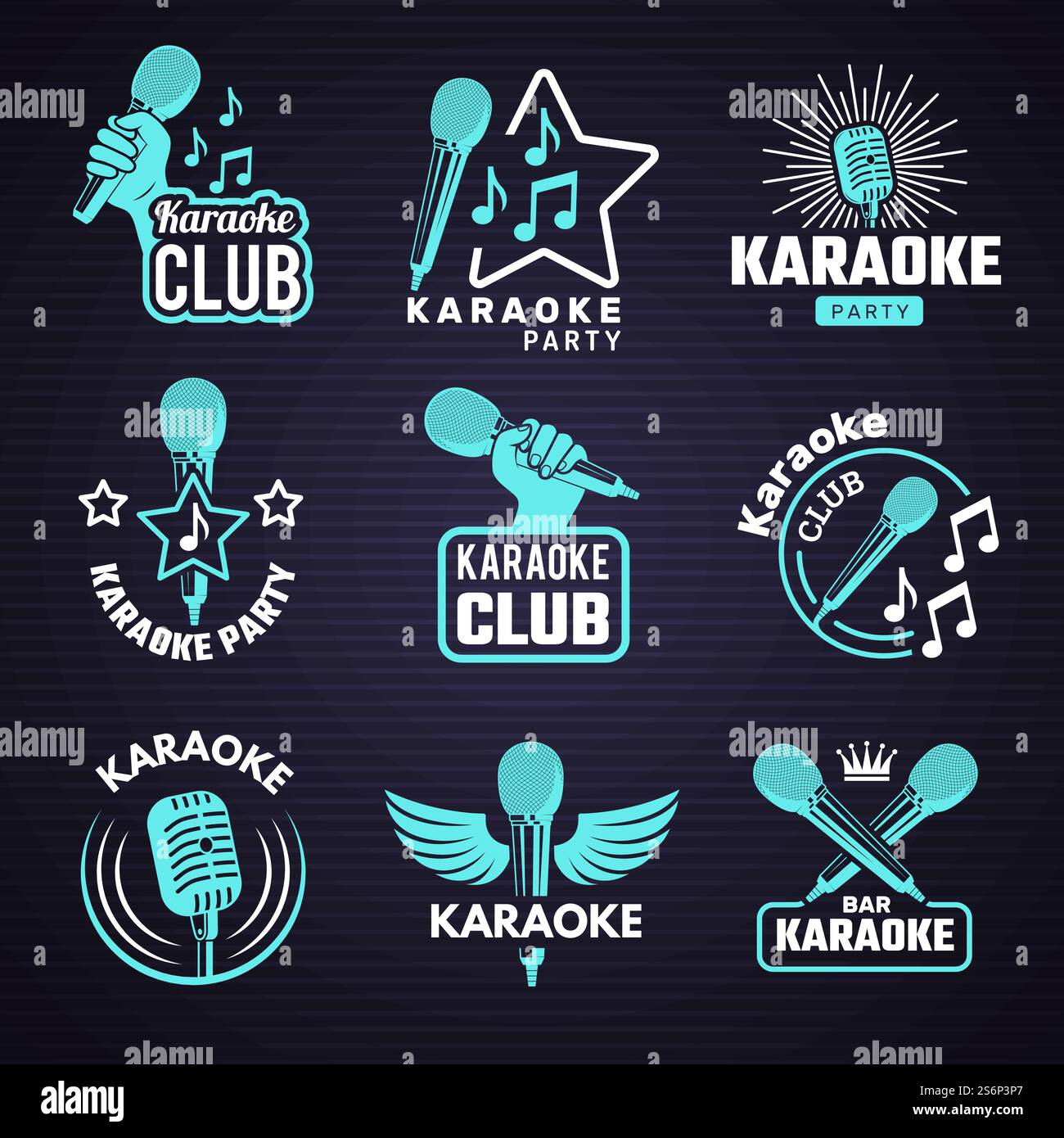 Karaoke badges. Emblem for music studio microphone radio vinyl symbols ...