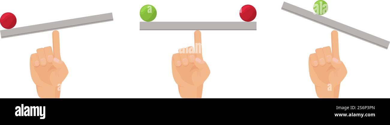 Finger balance. Human hand and seesaw, flat equilibrio desk with ball ...
