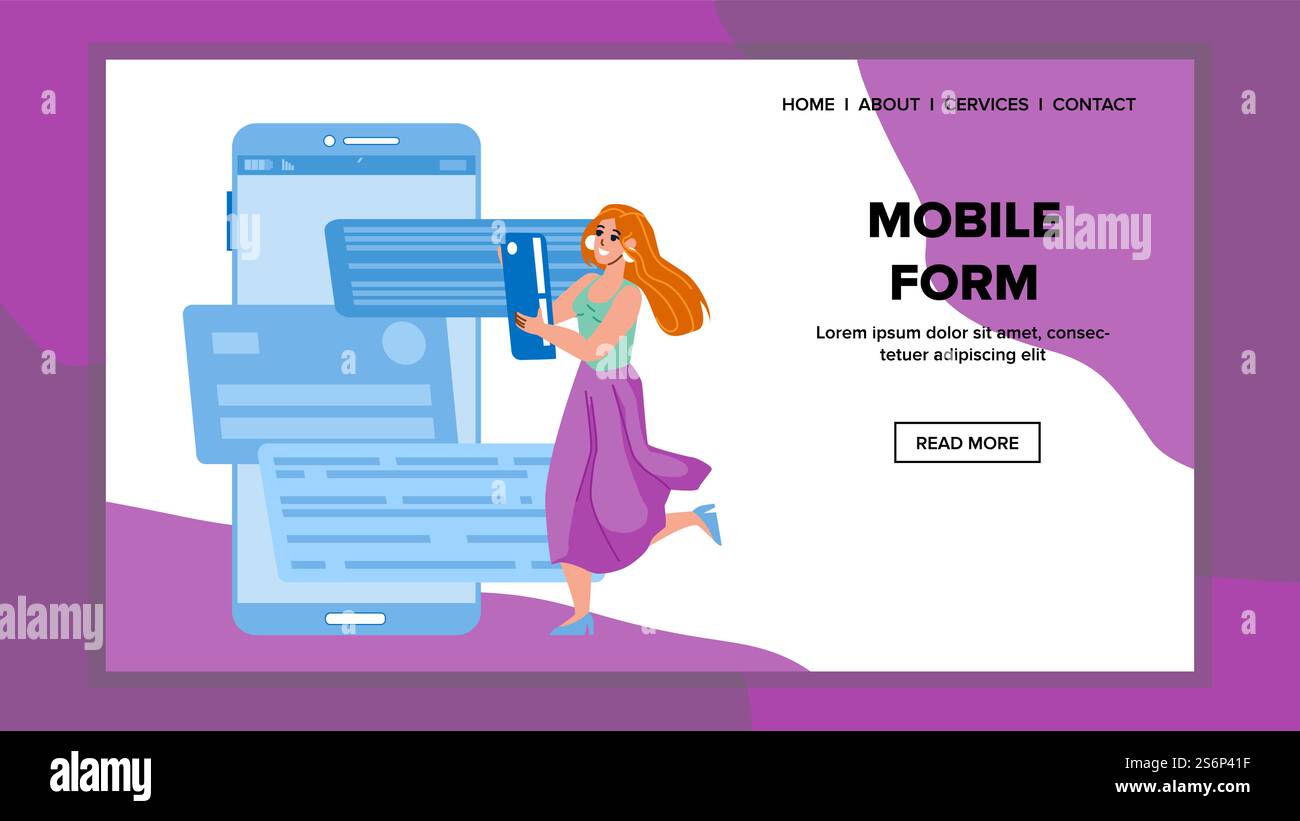 Mobile Form Filling Woman In Smartphone Vector. Young Girl Fill Mobile ...