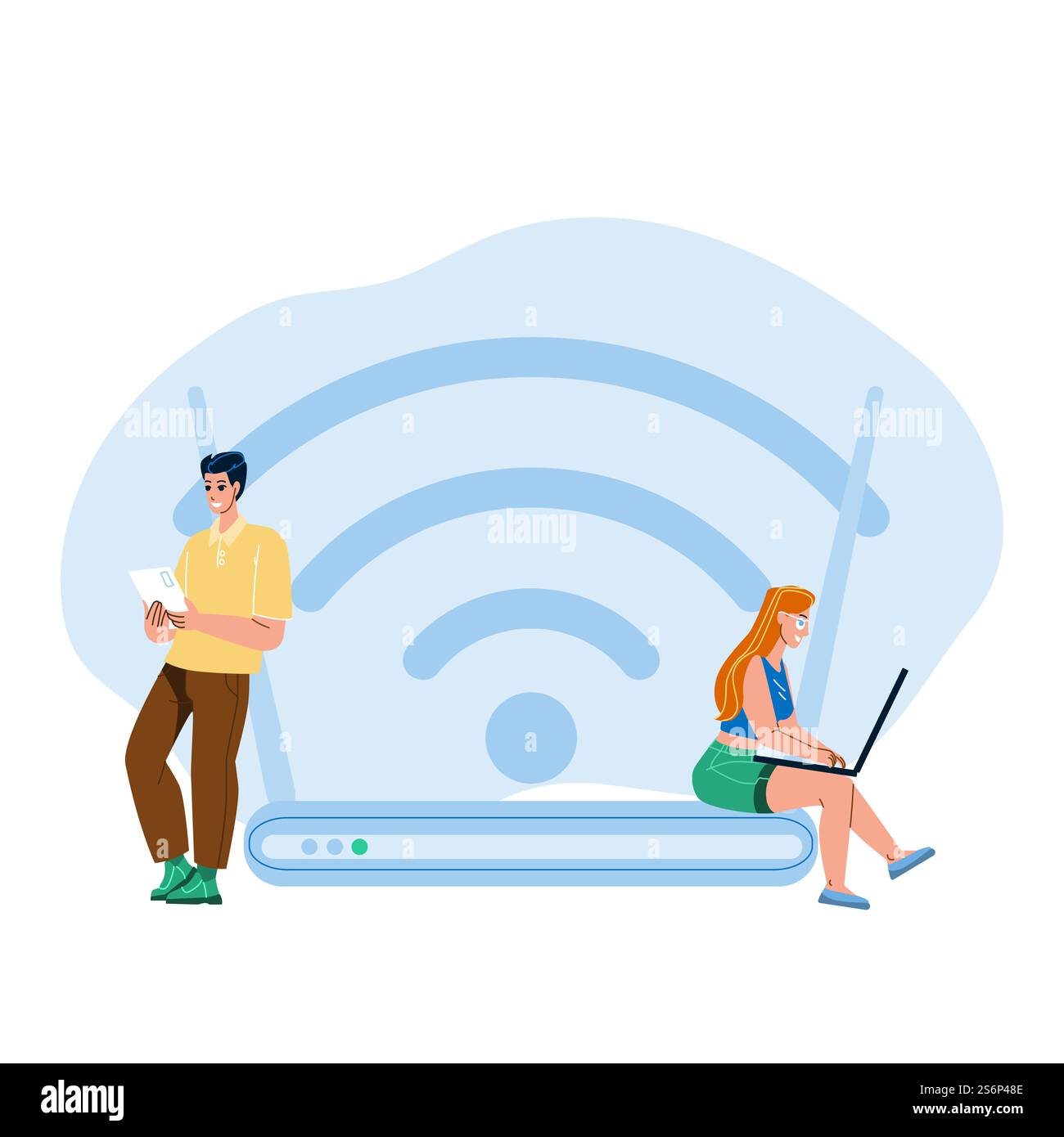 Man And Woman Wireless Connection To Wi-fi Vector. Boy And Girl ...