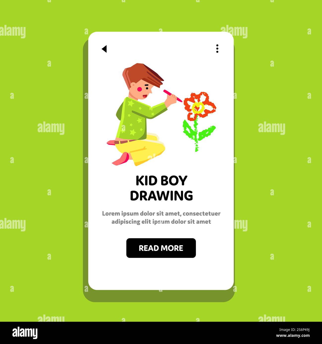 Kid Boy Drawing Flower On List With Pencil Vector. Kid Boy Drawing ...