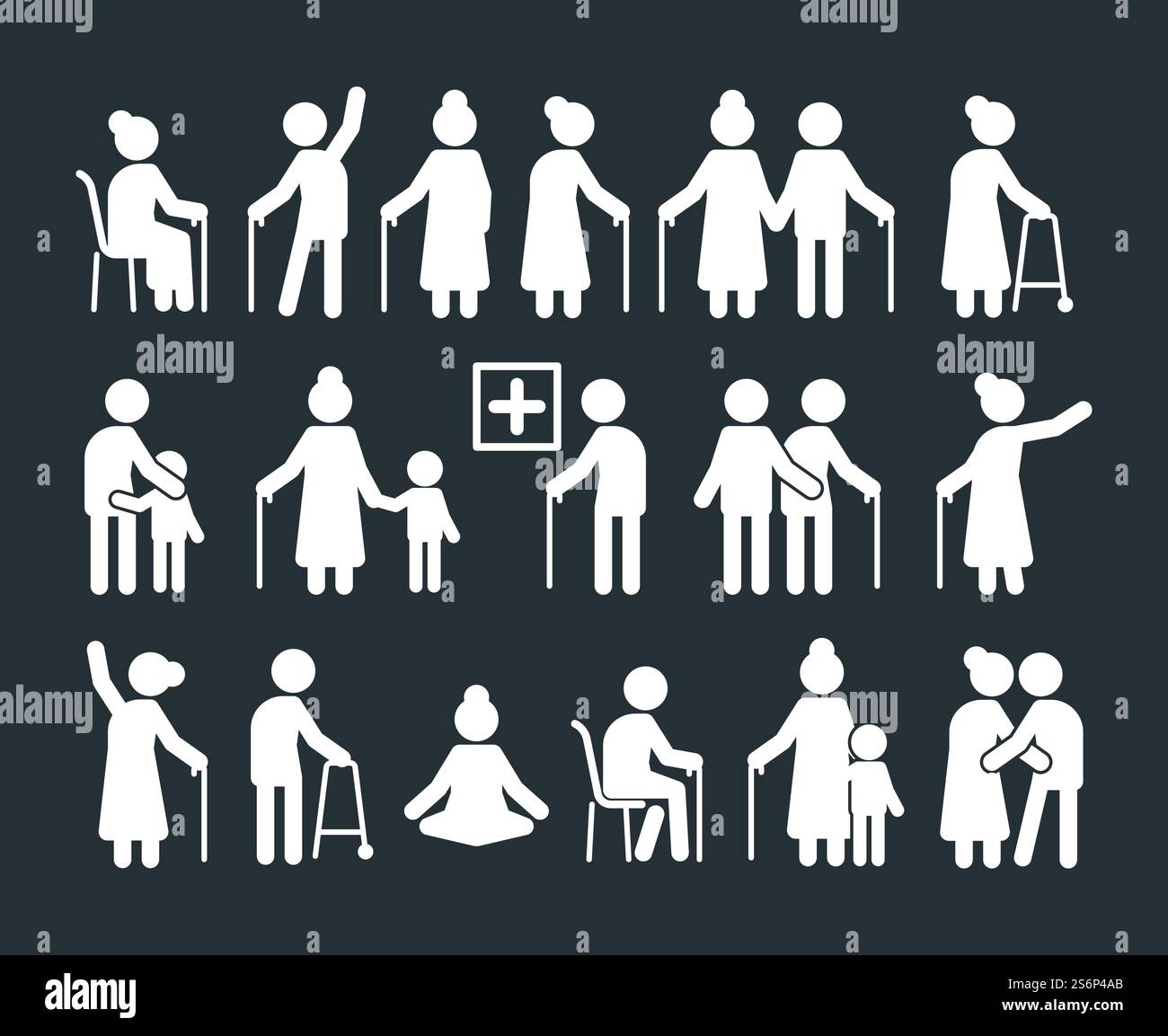 Seniors pictogram. Elderly people standing in various poses old parents ...