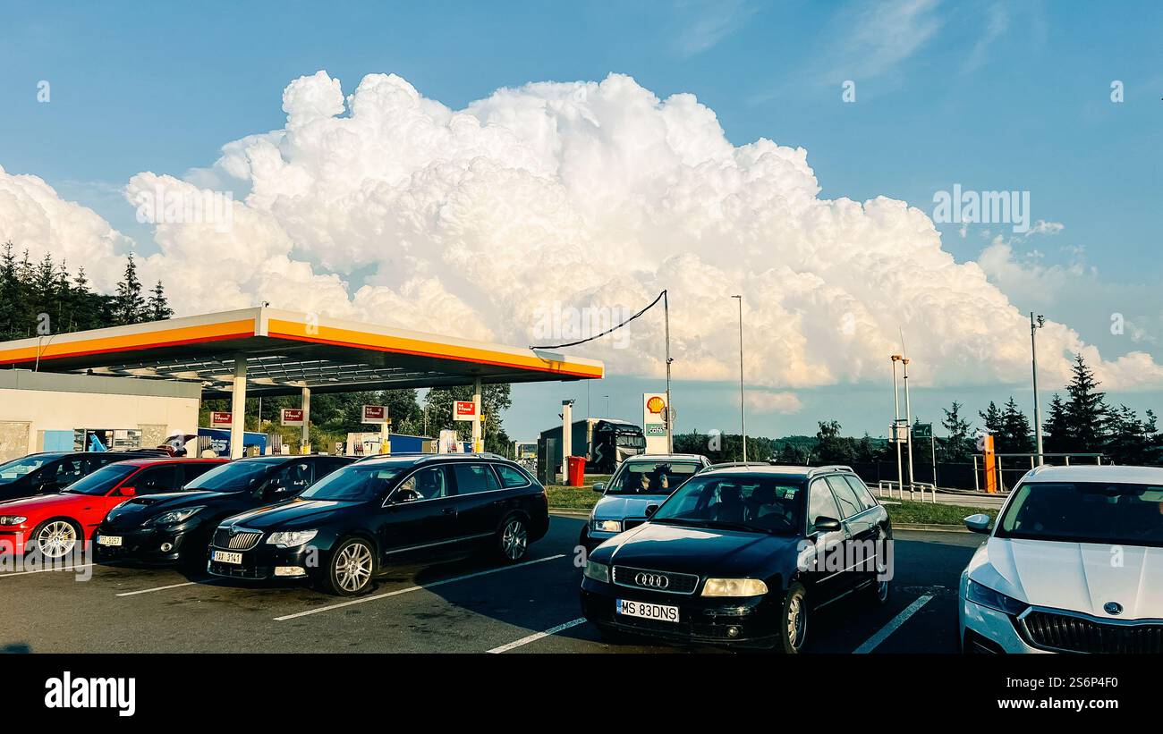 Shell petrol station in the Czech Republic, cars in the parking lot on ...