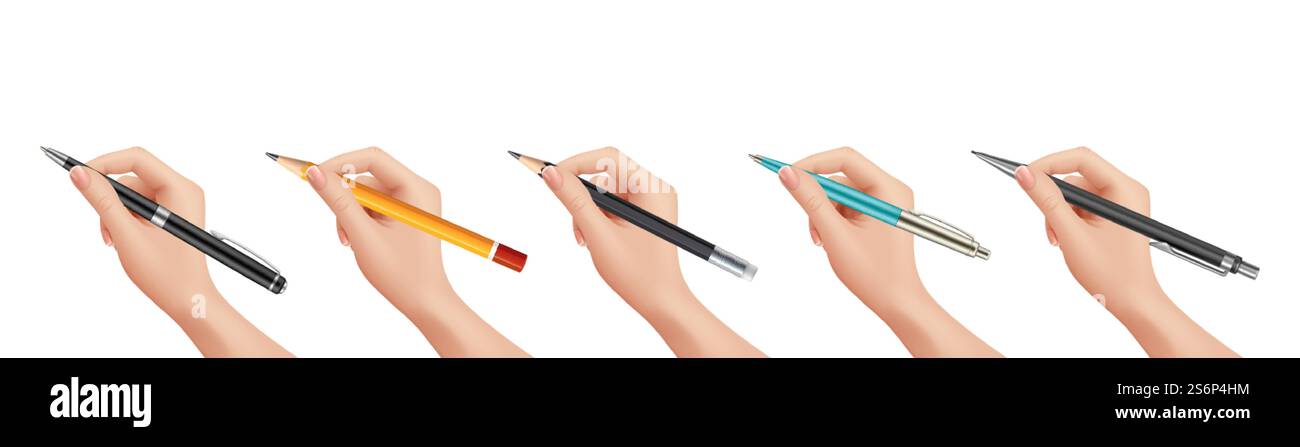 Hand holding stationery. Realistic pen pencil, isolated numan arm signs ...