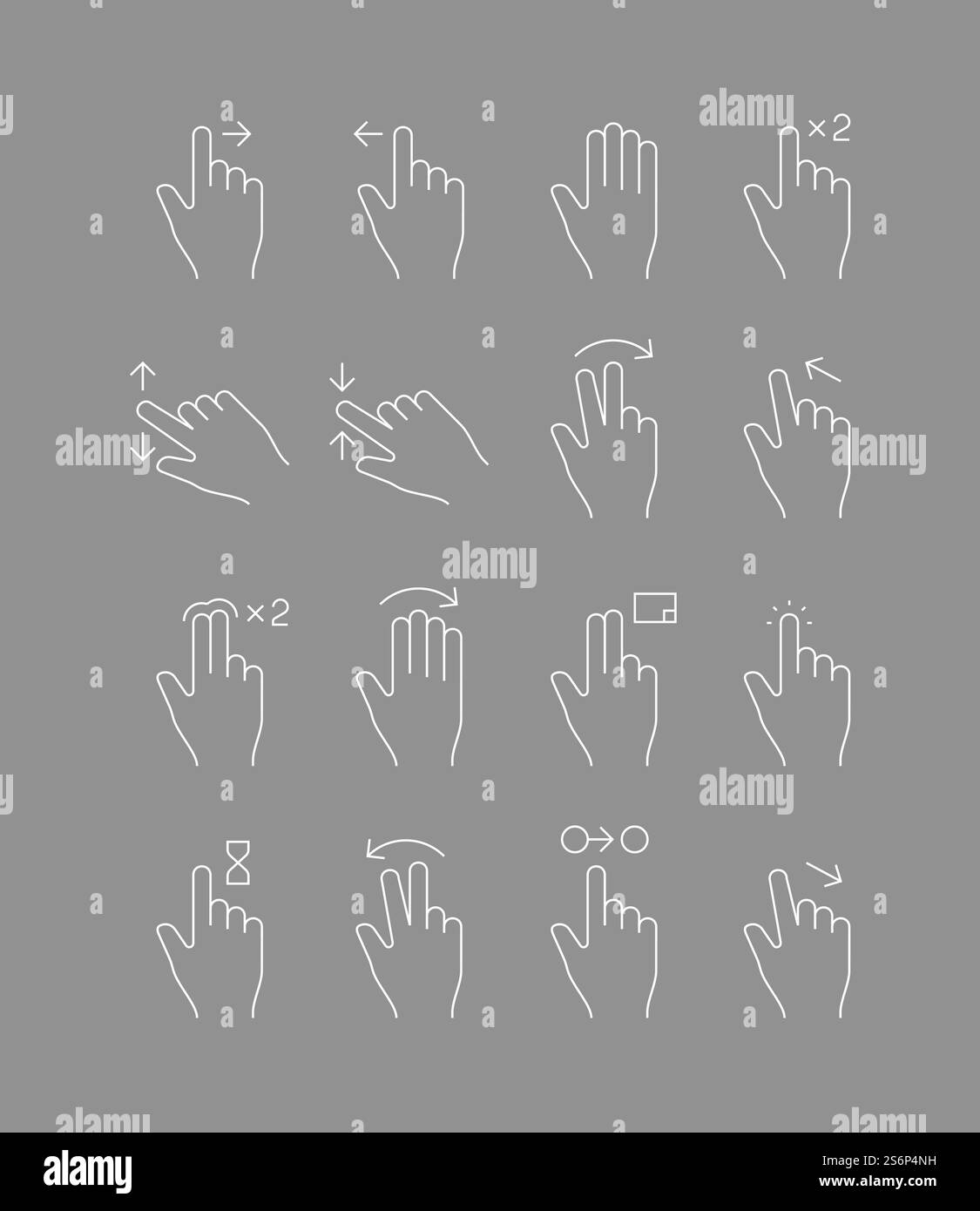 Touch screen gestures. Hands signs touch mobile devices multi drop scrolling vector line icon ...