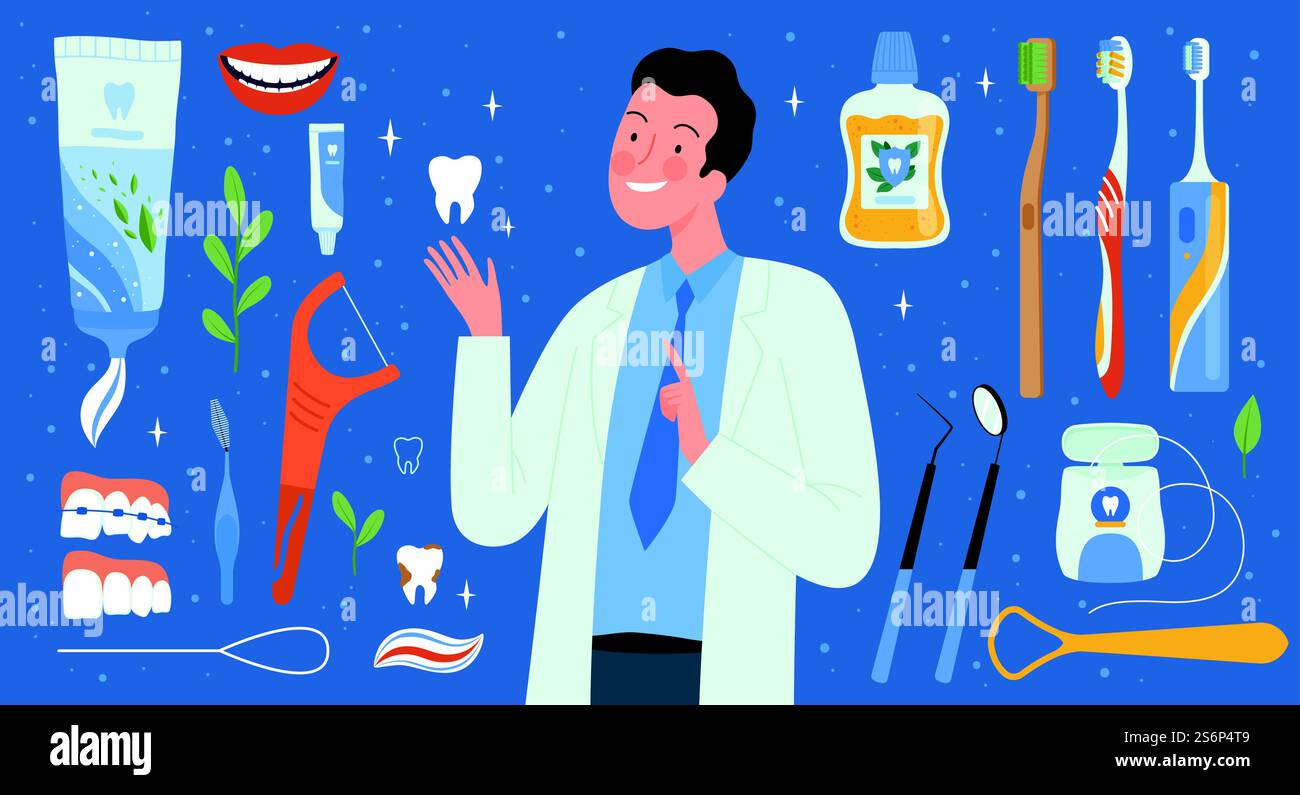 Dental hygiene tools. Dentist accessories medical liquids for mouthwash ...