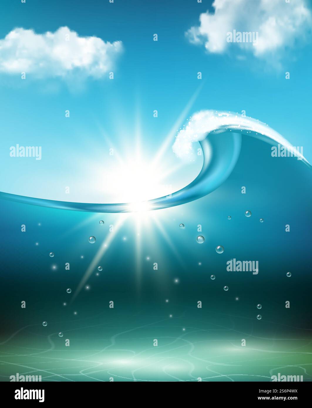 Ocean background. Waves flow underwater surface sunrise with clouds ...