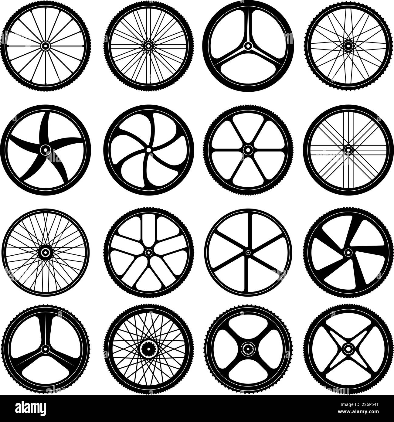 Bicycle wheels. Tires silhouettes bike wheels with metal spokes vector ...