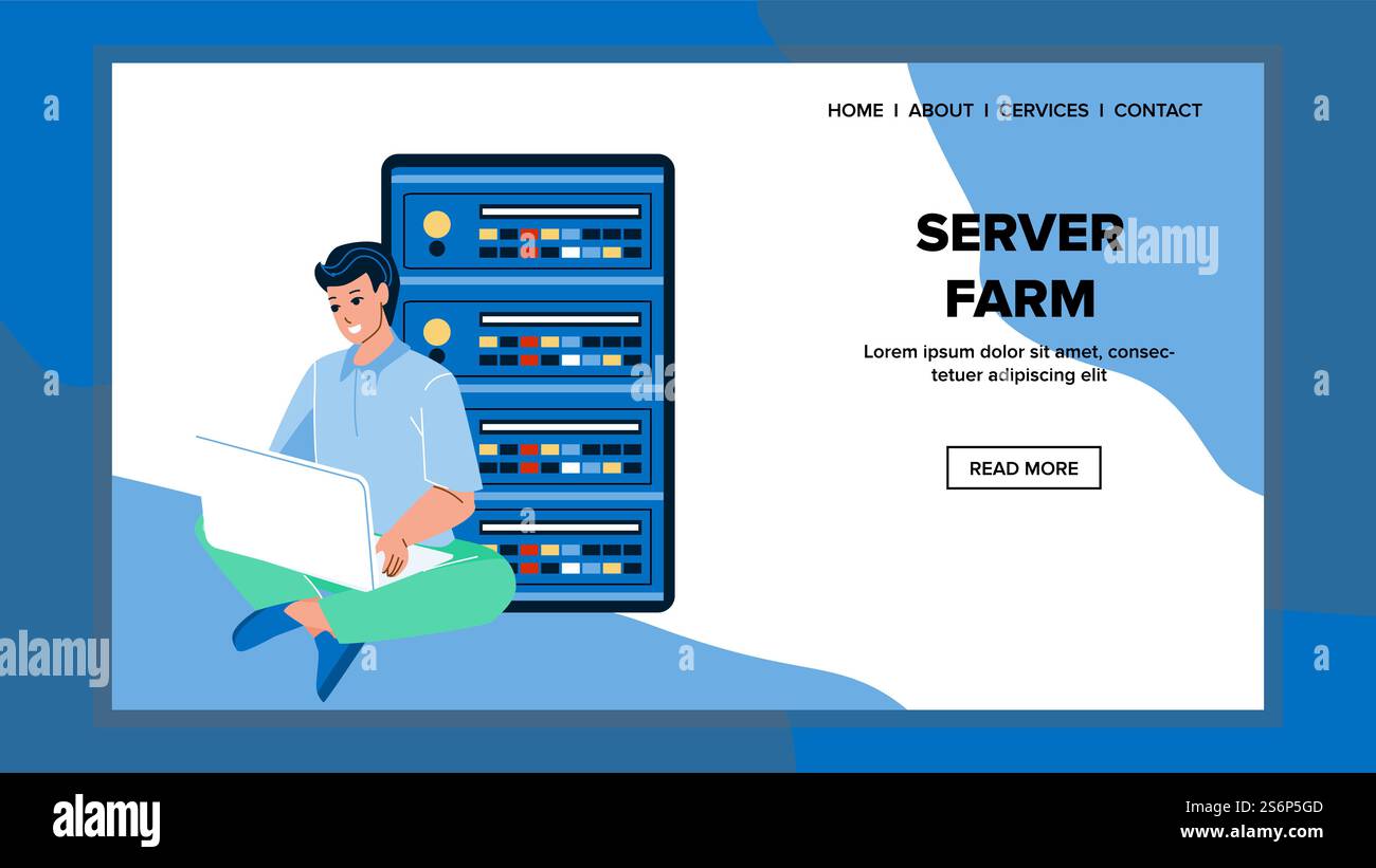 Server Farm Center Worker Check Equipment Vector. Man Working On Laptop ...