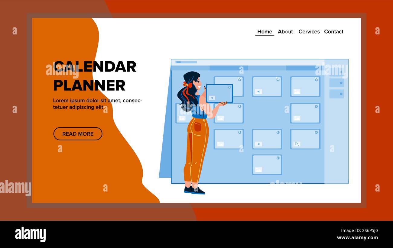 Calendar Planner Management Young Woman Vector. Calendar Planner Using ...