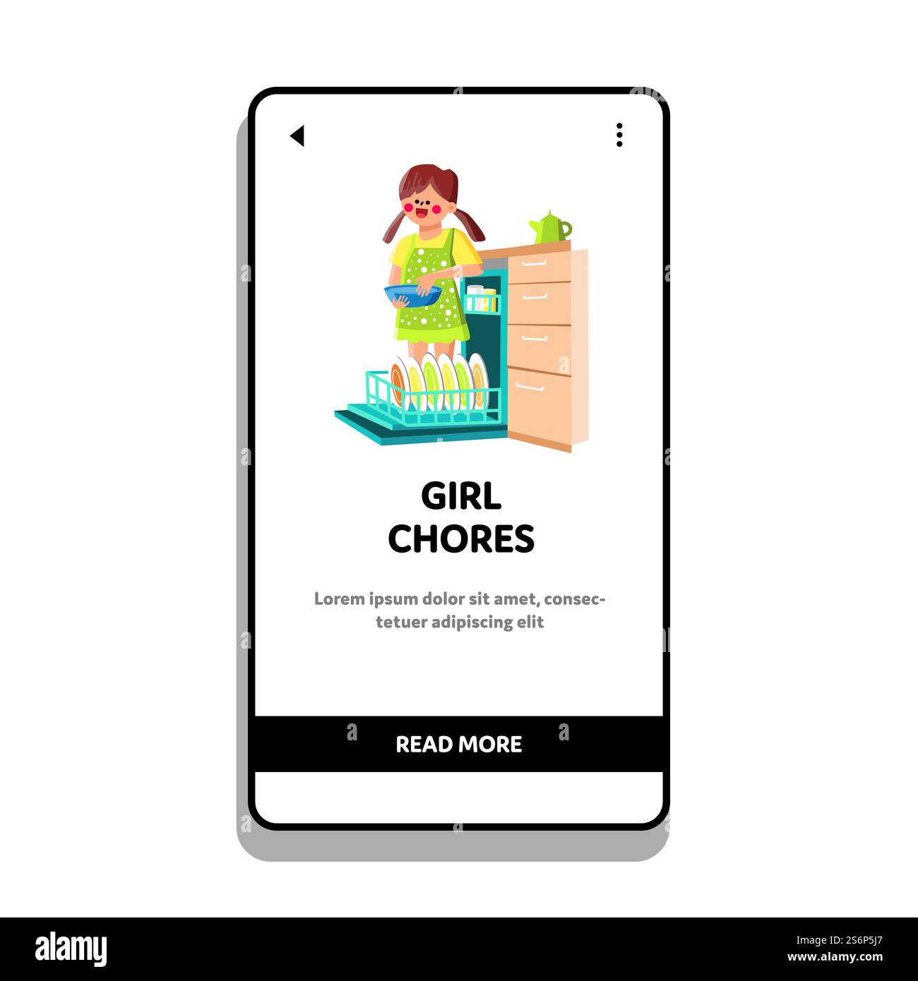 Girl Chores And Help Parents In Kitchen Vector. Daughter Girl Chores ...