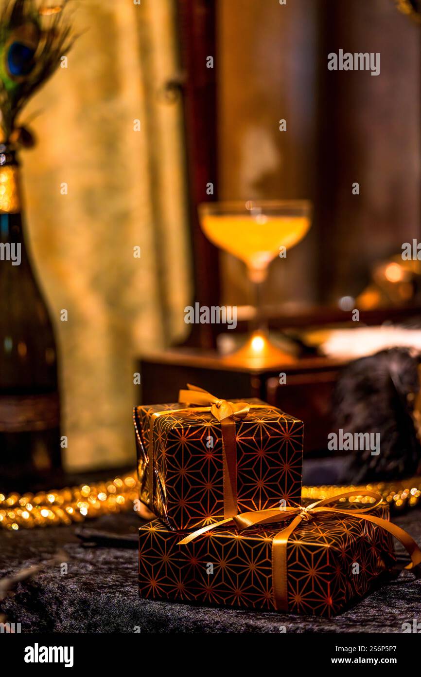 Festive Presents Amidst Opulent Backdrop (Warm Colours Stock Photo - Alamy