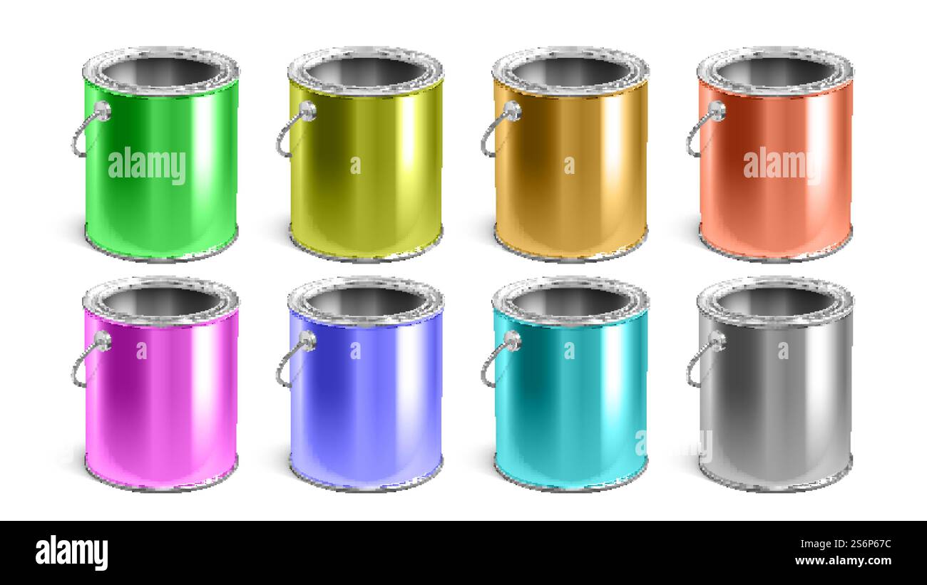 Paint Empty Buckets Multicolor Packages Set Vector. Blank Multicolored ...