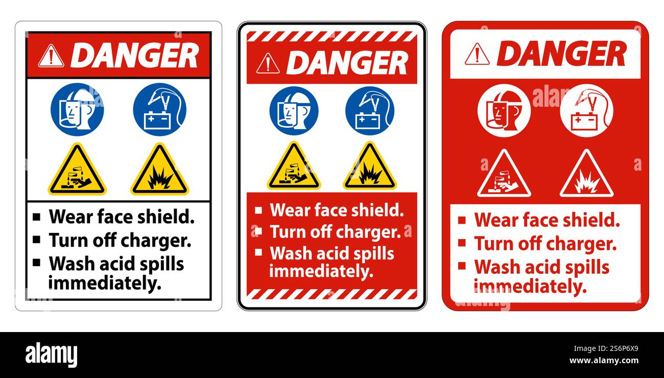 Warning Sign Wear Face Shield, Turn Off Charger, Wash Acid Spills ...