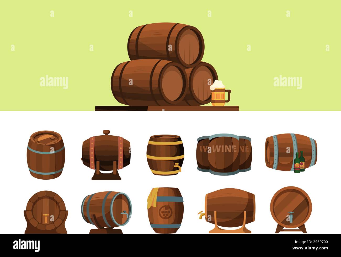 Barrels. Wooden cartoon barrel for alcohol production packages for wine ...