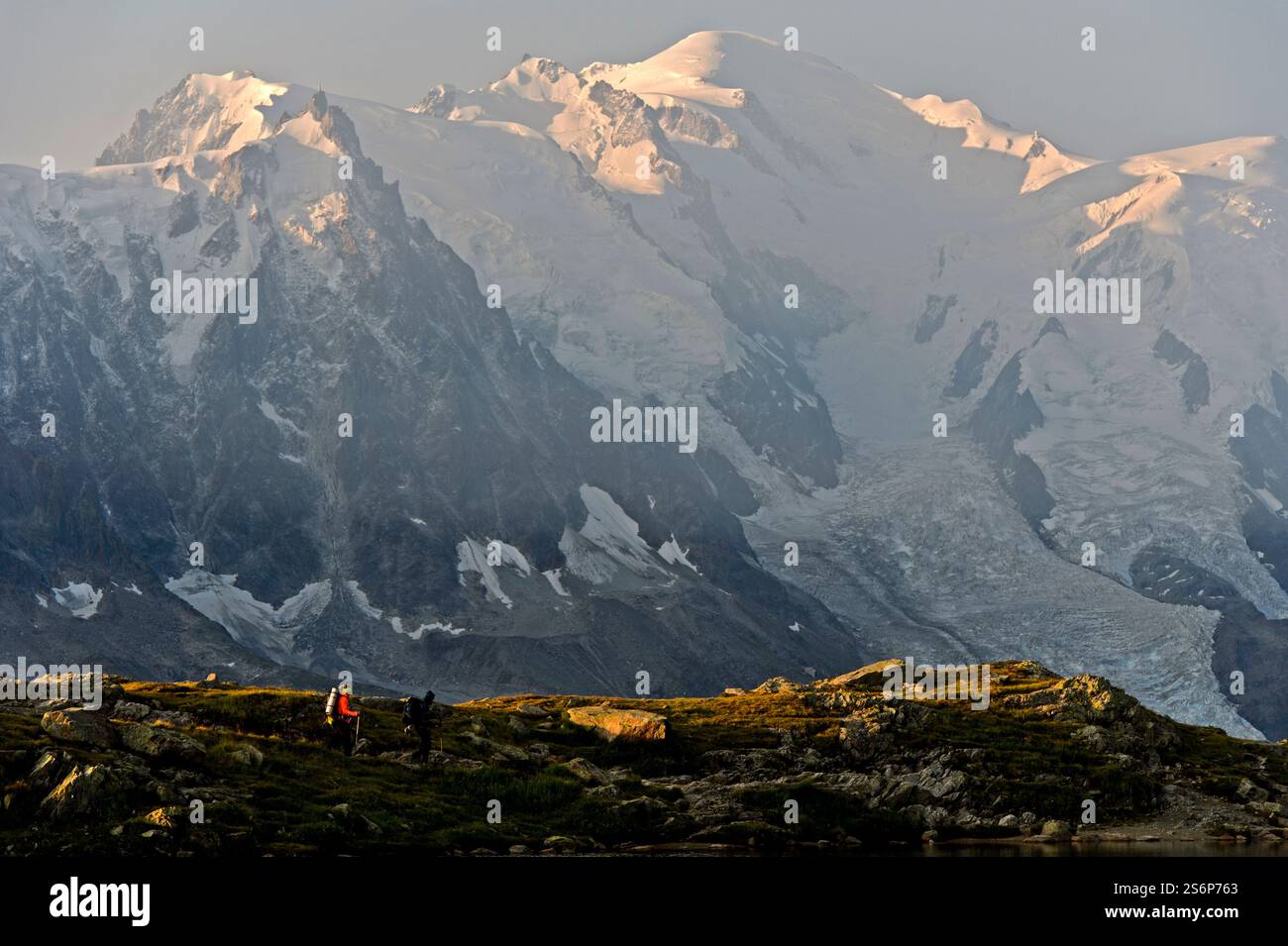 Morning sun on the Mont Blanc massif with Mont Blanc covered in snow ...