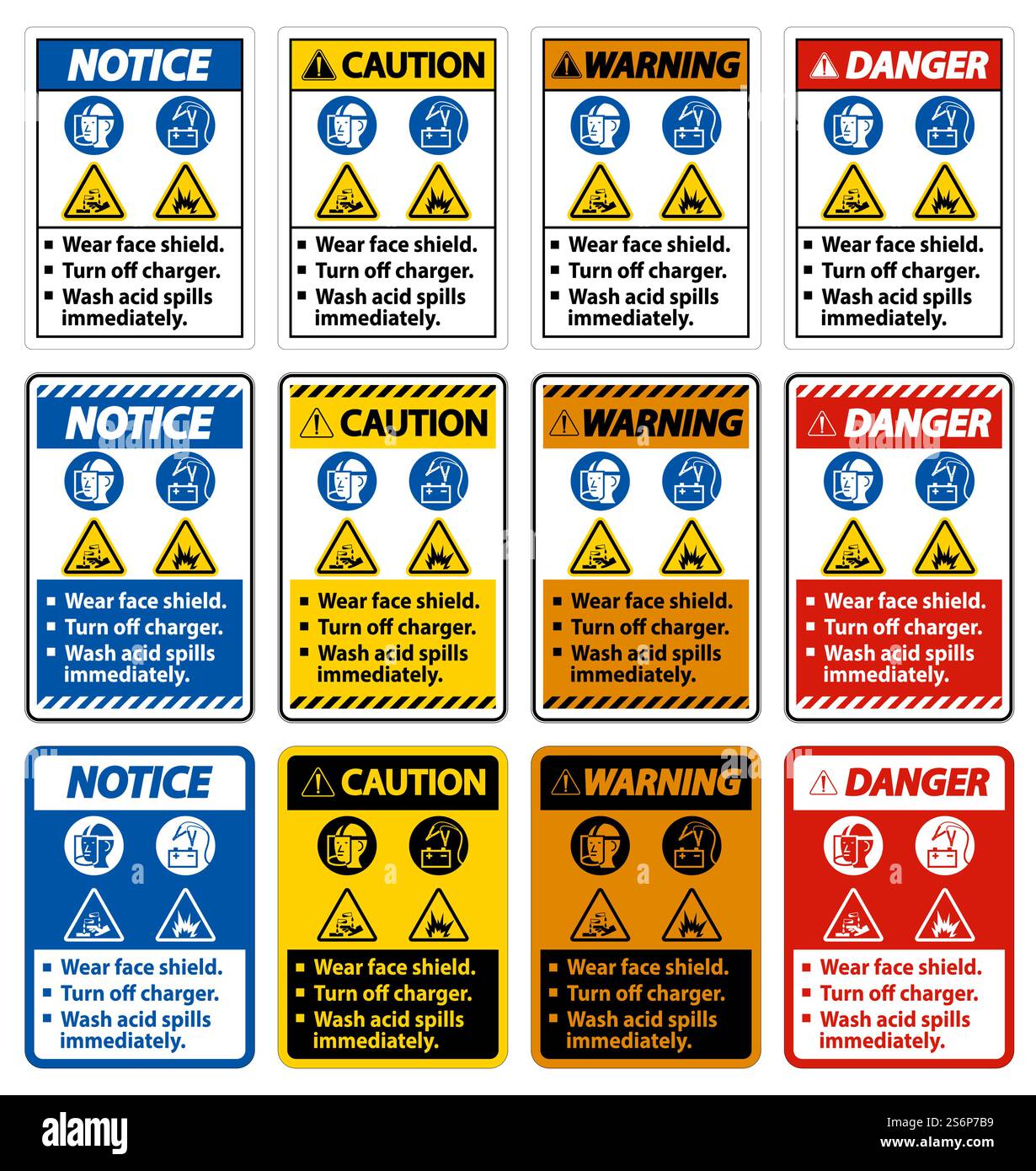 Warning Sign Wear Face Shield, Turn Off Charger, Wash Acid Spills ...