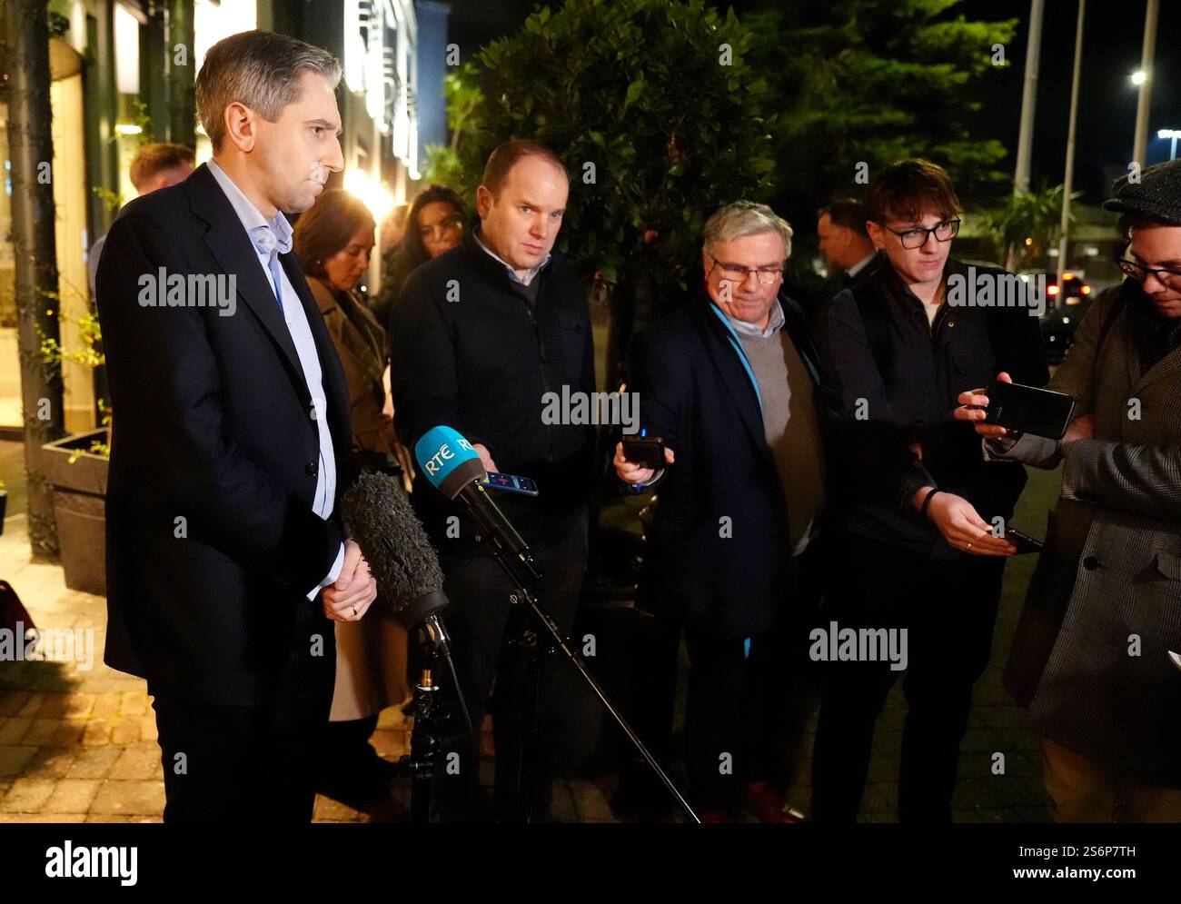 Taoiseach and Fine Gael leader Simon Harris speaks to media as he ...