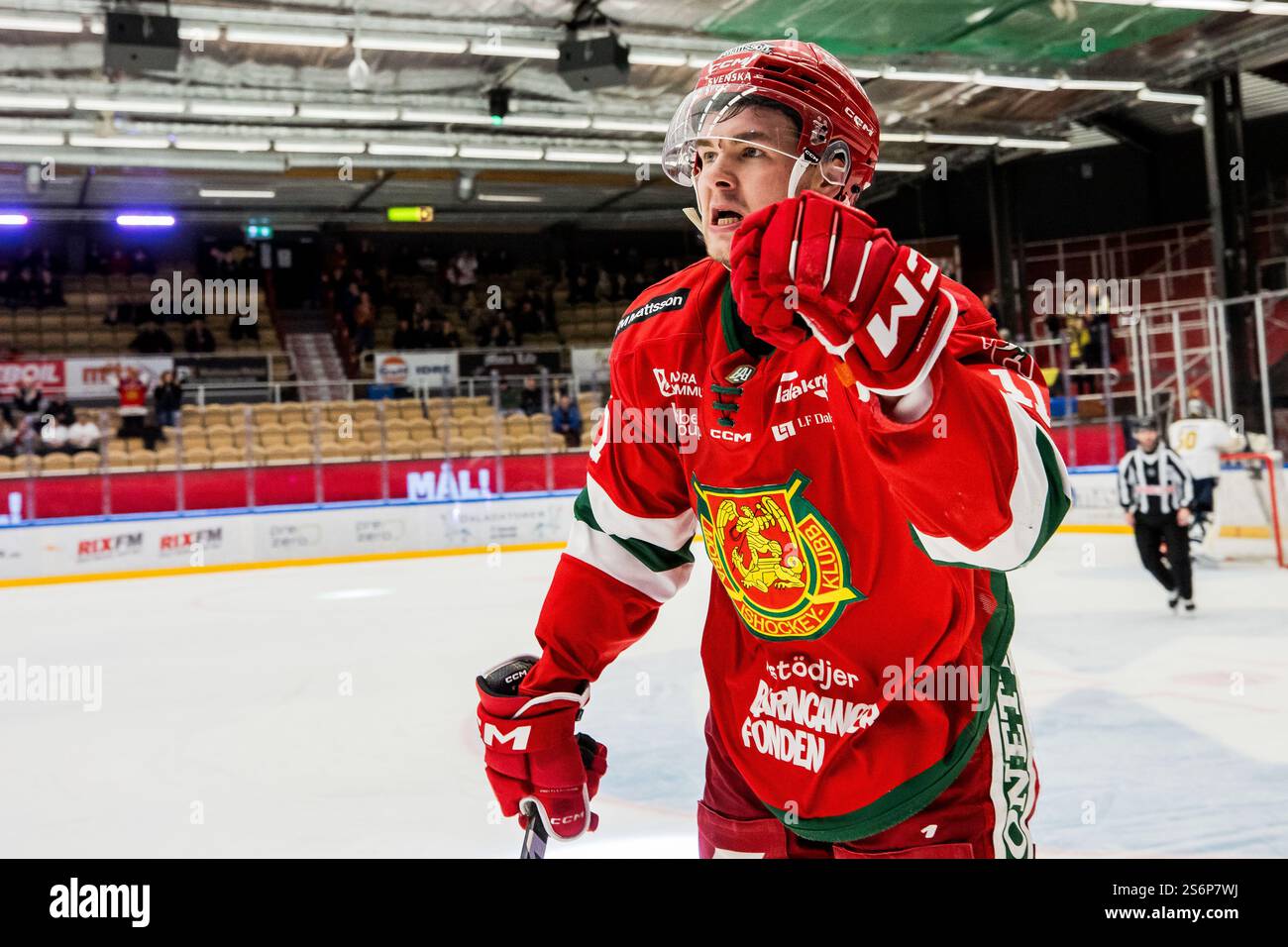 Mora, Sverige. 17th Jan, 2025. 250117 Moras Gustav Salmi-Lilja jublar under 4-1 under ...