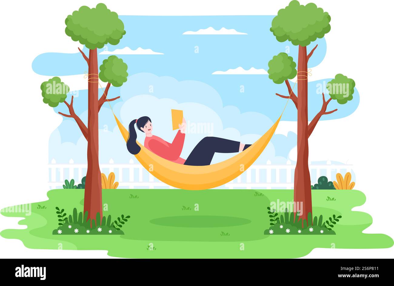 People Lying on Hammock in Park Flat Cartoon Vector Illustration ...