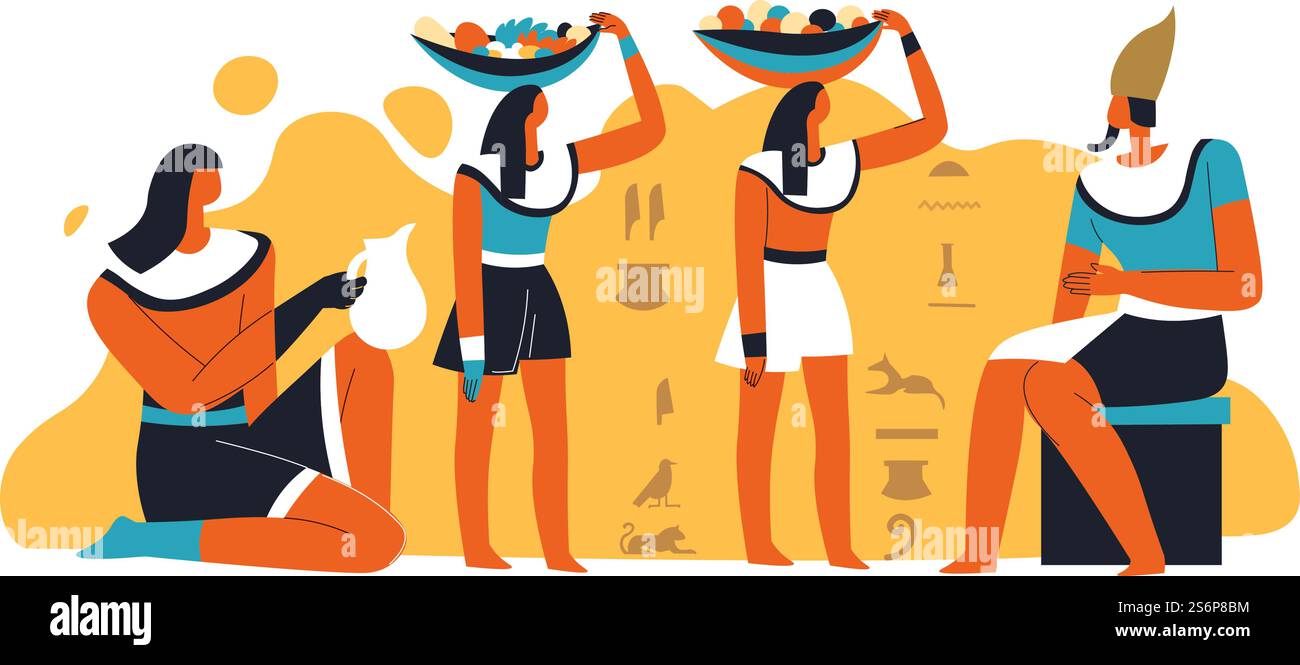 Emperor or pharoah with servants carrying food in baskets and drinks in jugs. Antique ...