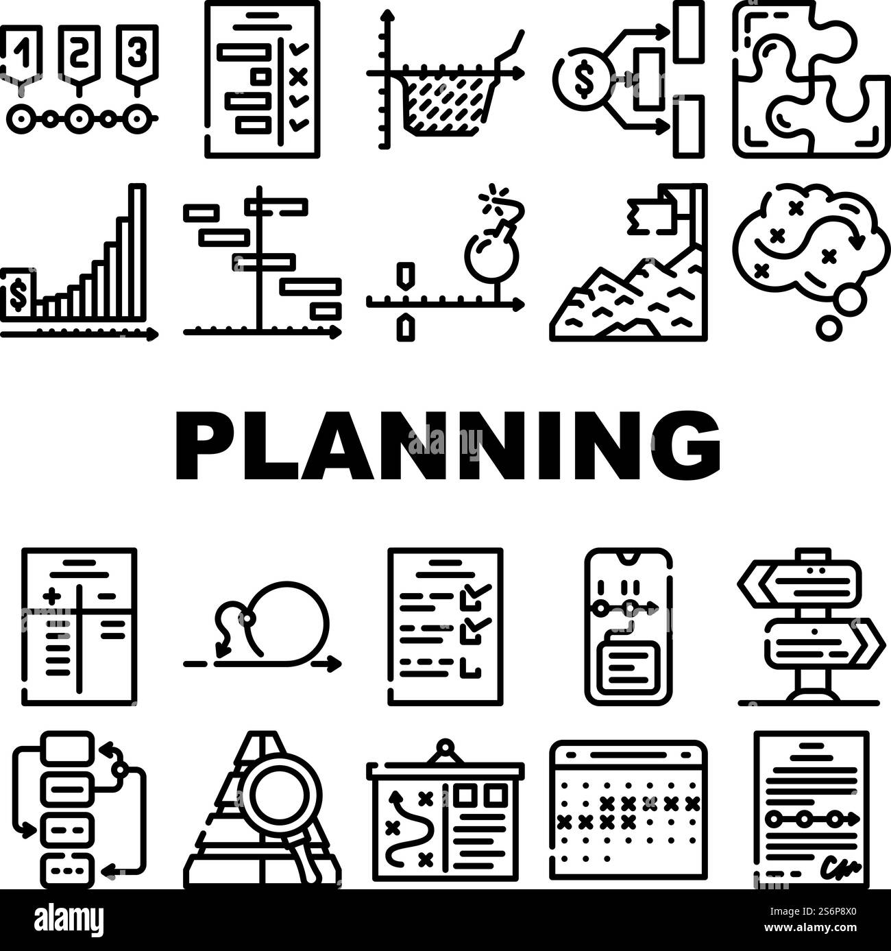 Planning Startup Project Strategy Icons Set Vector. Check List With ...